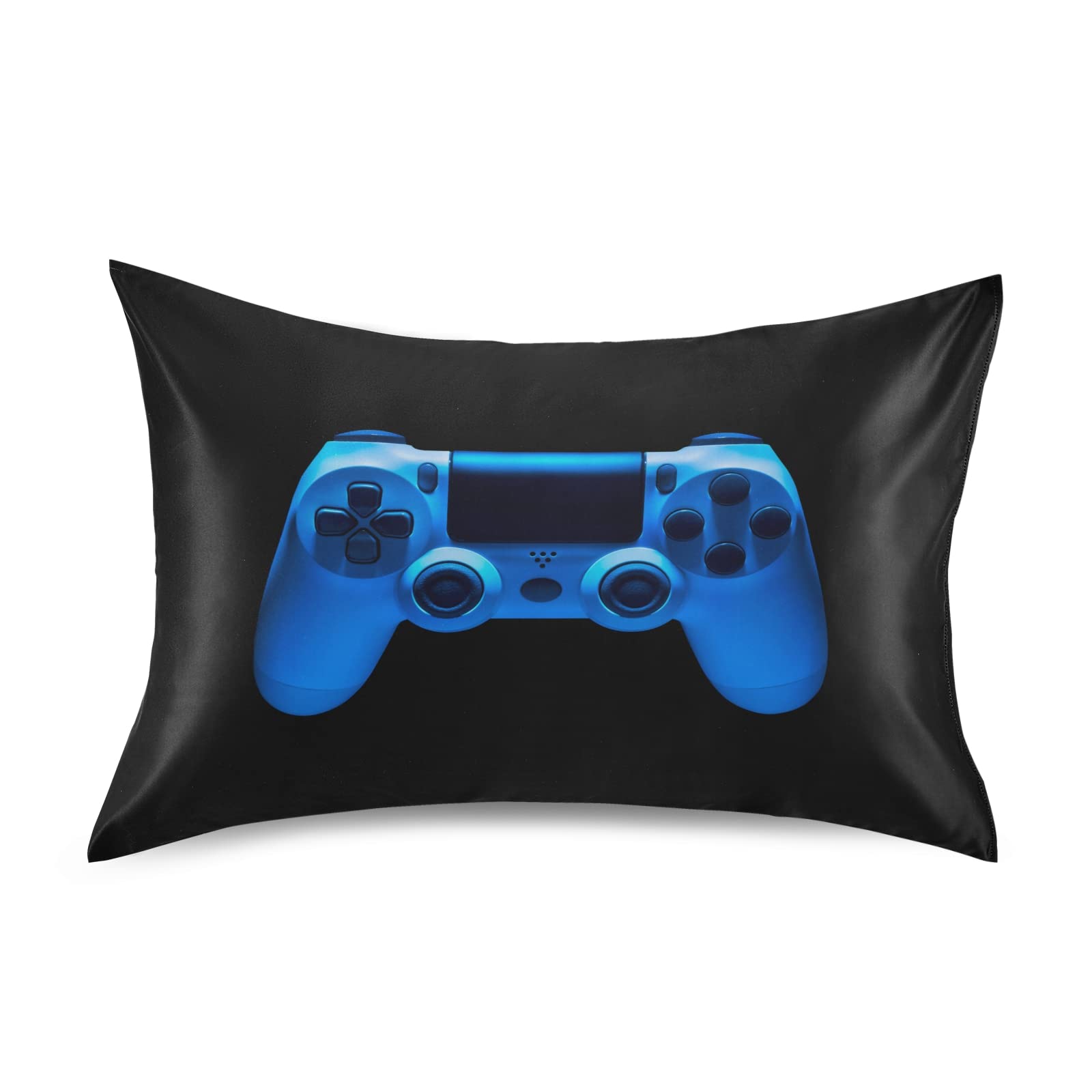 Oyihfvs Video Game Joystick Gamepad in Blue Neon Lights Isolated on Black Silky Satin Pillowcase for Hair and Skin, Soft Bed Pillow Cover, Decorative Silk Pillow Cases, King Size 20x40 inches