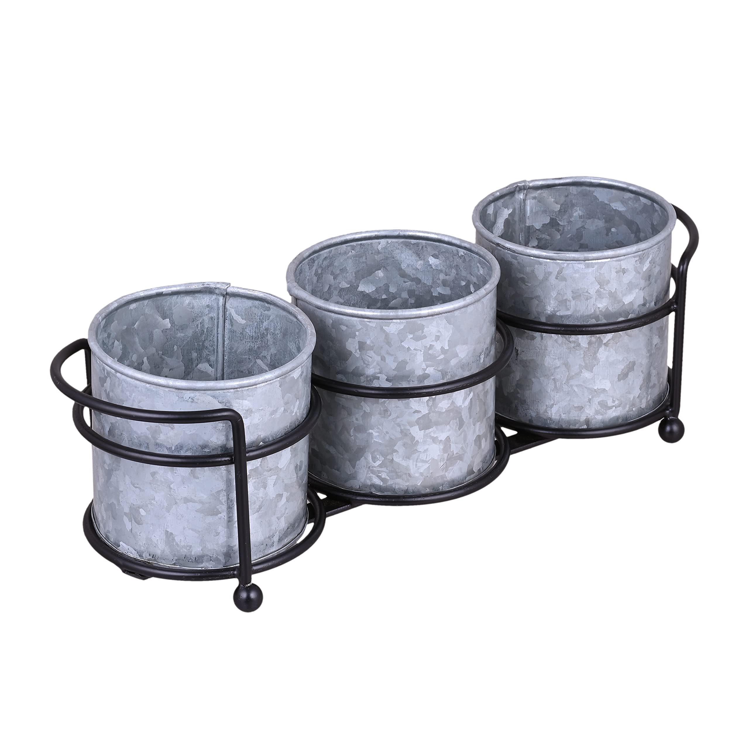 Metal Flatware, Cutlery, Kitchen Utensil & Silverware Caddy Organizer Bin Holder for Forks, Spoons, Knives - Galvanized Caddy Storage Set of 3 Buckets - Perfect Kitchen Countertop for Kitchen Decor