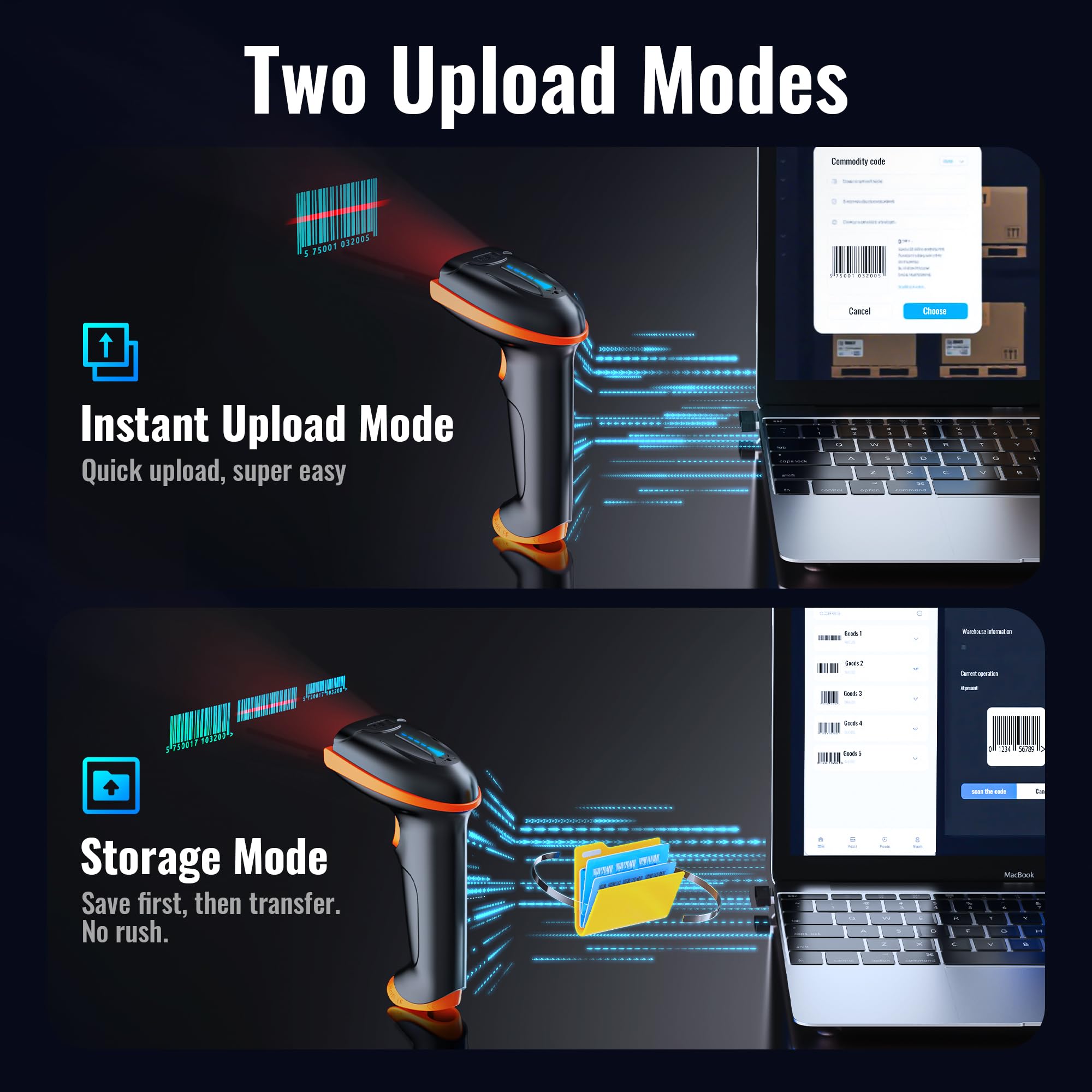 Tera Barcode Scanner Wireless 1D Laser Cordless Barcode Reader with Battery Level Indicator, Versatile 2 in 1 2.4Ghz Wireless and USB 2.0 Wired