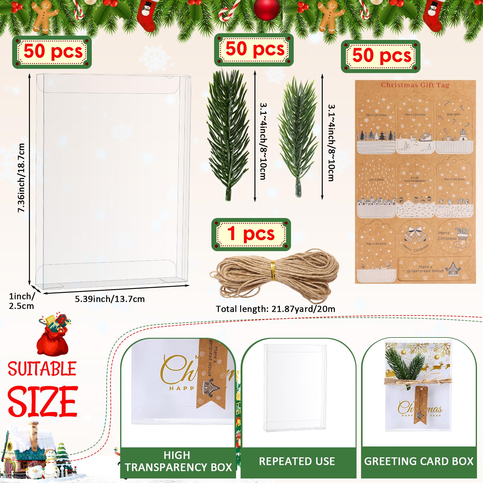Suzile 50 Set Clear Greeting Card Box 5.39 x 7.36 x 1 Inch Christmas Card Box Plastic Photo Storage Box Case Transparent Gift Favor Box with Xmas Hanging Labels Twine Decorative Tree Branch