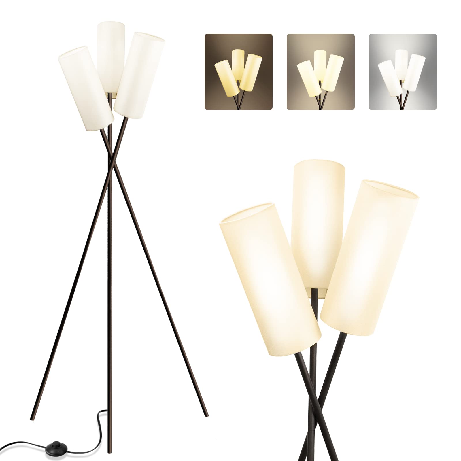 TYIAINI Floor Lamp, Tripod Floor Lamp with 3-Light, Modern Standing Lamps with Foot Switch, 70" Standing Tall Pole Lamps for Living Room, Bedroom, Study Room and Office