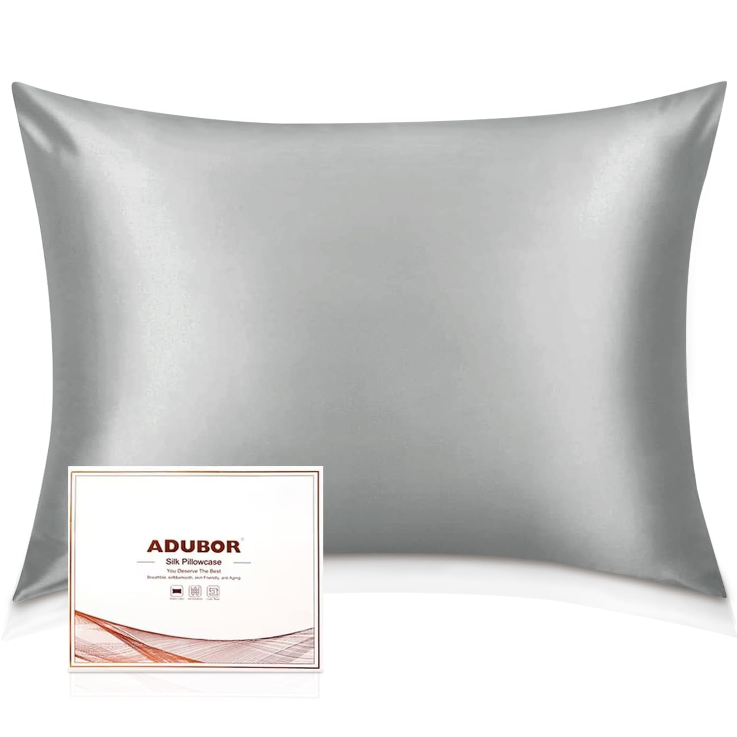 Adubor Silk Pillowcase - Mulberry Silk Pillow Case, 23 Momme 6A Grade Fibers, 900 Thread Count, Silk Pillow Cases for Hair and Skin Health, with Hidden Zipper (Standard 20''×26'', Dark Gray, 1PC)