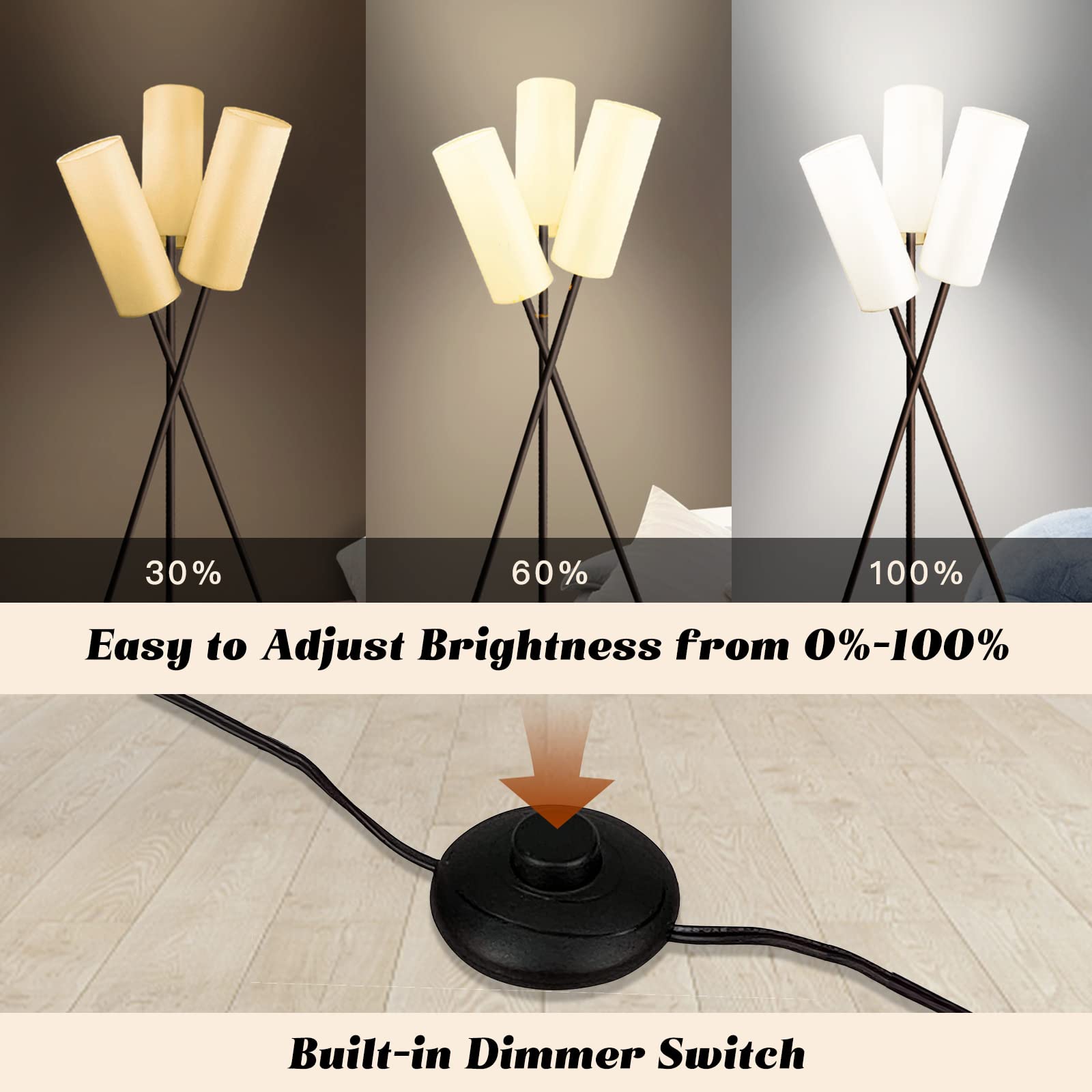 TYIAINI Floor Lamp, Tripod Floor Lamp with 3-Light, Modern Standing Lamps with Foot Switch, 70" Standing Tall Pole LampsĀ for Living Room, Bedroom, Study Room and Office