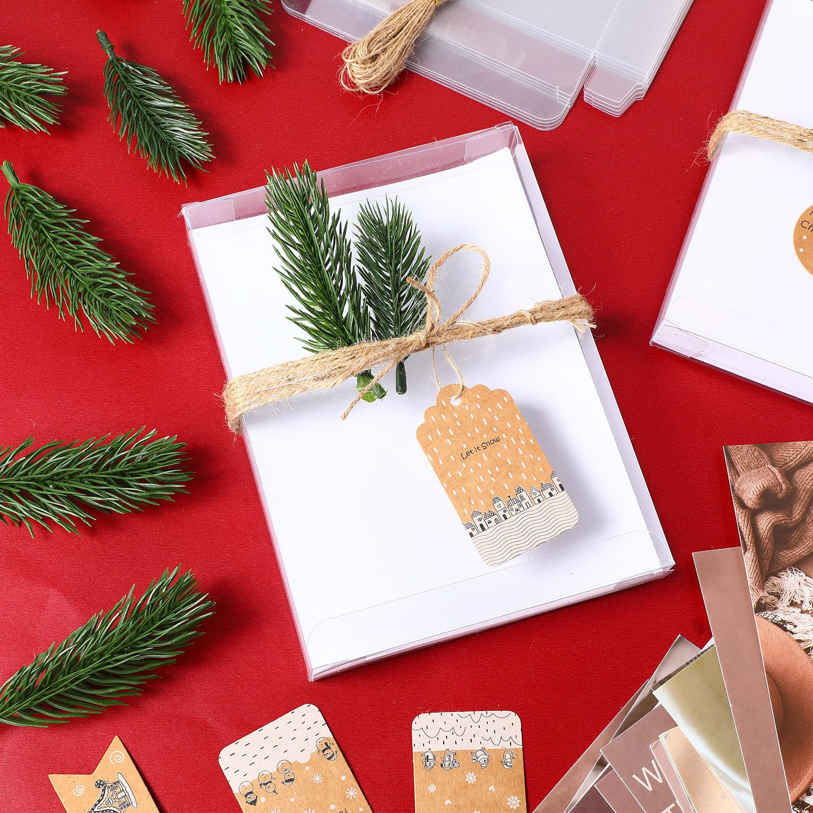 Suzile 50 Set Clear Greeting Card Box 5.39 x 7.36 x 1 Inch Christmas Card Box Plastic Photo Storage Box Case Transparent Gift Favor Box with Xmas Hanging Labels Twine Decorative Tree Branch