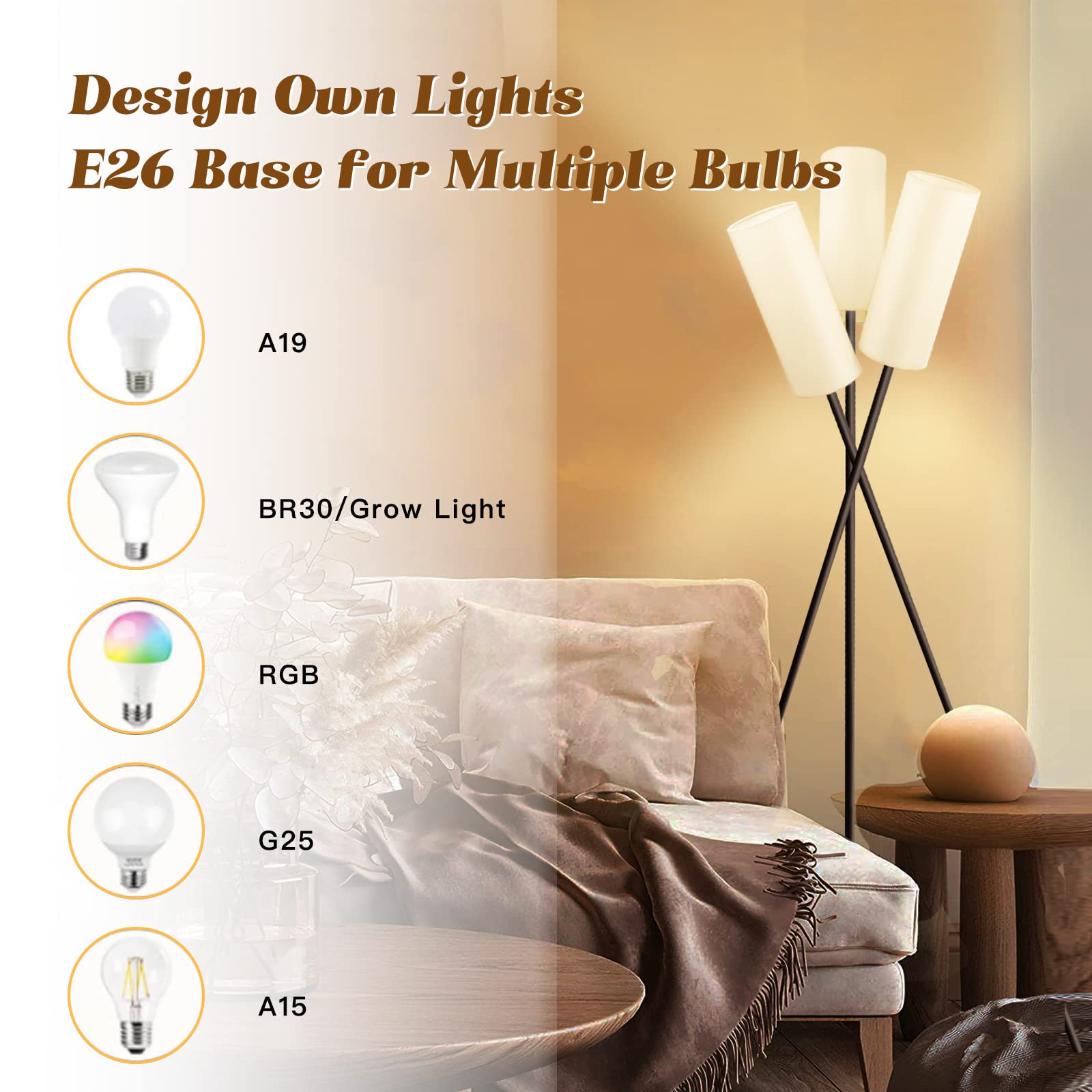 TYIAINI Floor Lamp, Tripod Floor Lamp with 3-Light, Modern Standing Lamps with Foot Switch, 70" Standing Tall Pole LampsĀ for Living Room, Bedroom, Study Room and Office
