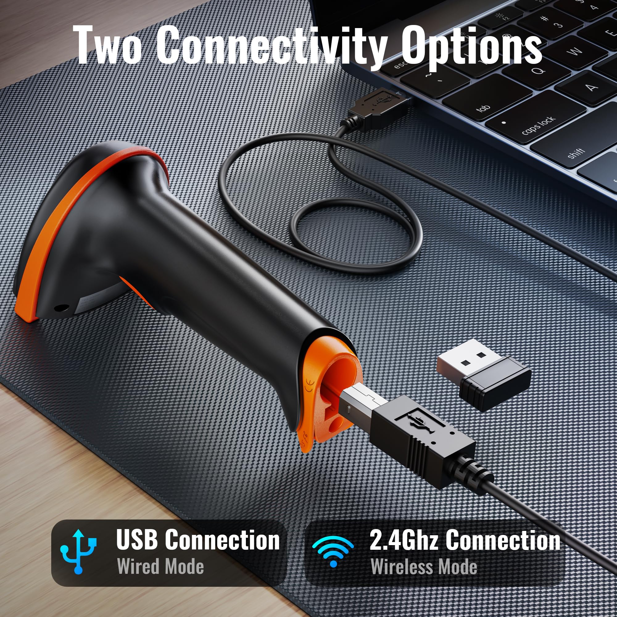 Tera Barcode Scanner Wireless 1D Laser Cordless Barcode Reader with Battery Level Indicator, Versatile 2 in 1 2.4Ghz Wireless and USB 2.0 Wired