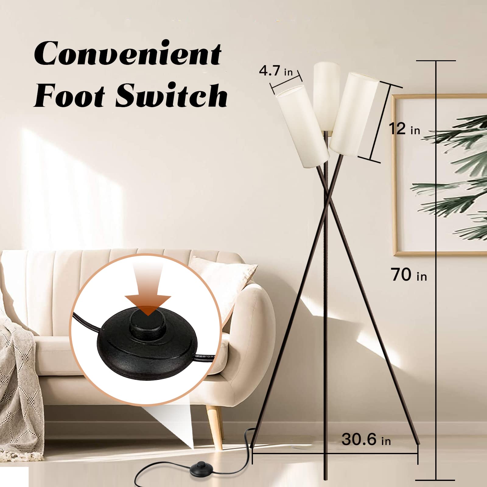 TYIAINI Floor Lamp, Tripod Floor Lamp with 3-Light, Modern Standing Lamps with Foot Switch, 70" Standing Tall Pole LampsĀ for Living Room, Bedroom, Study Room and Office