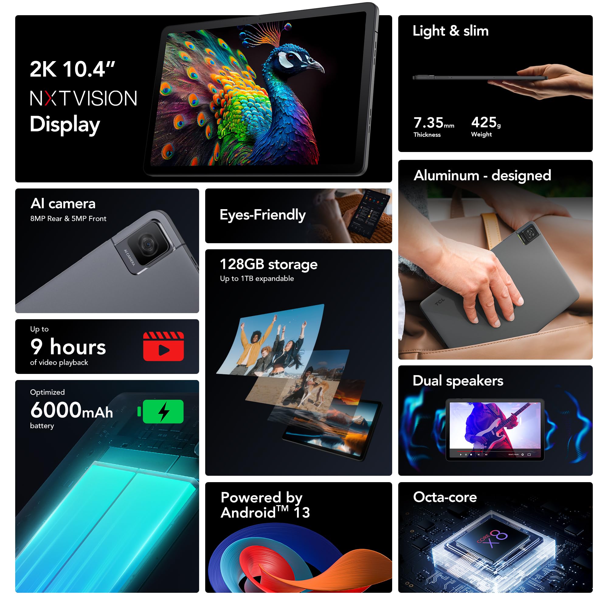 TCL TAB 10 Gen 2, 10.4" Wi-Fi Android Tablet 128GB, 2K Full HD Screen, 6000mAh Battery, Android 13, Slim Design, 2023 Release, US Version, Space Gray