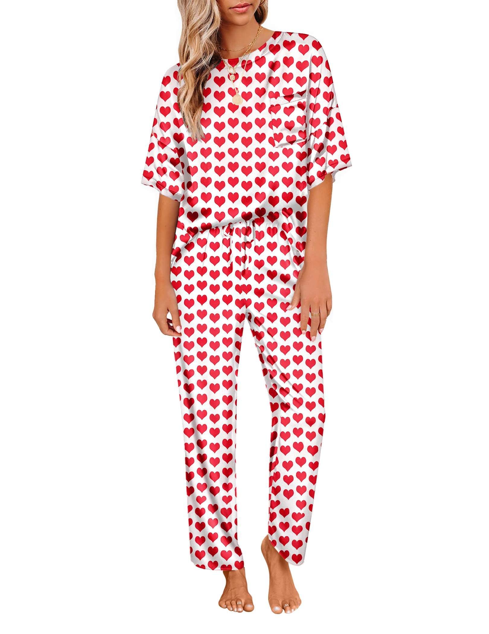 Ekouaer Happy Valentines Day Outfit Womens Pajama Sets Silk Pj Set Short Sleeve Satin Silky Pajama Set Ladies Pajamas Pyjamas Pants Set Soft Loungewear Set Valentines Day Gifts Red Heart S