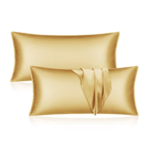 YUHX Silk Satin Pillowcase for Hair and Skin, Gold King Size Pillowcase Set of 2, Soft Silky Pillow Cases with Envelope Closure (20x40 inches,Gold)
