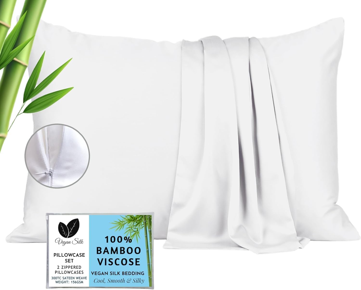 Cooling Pillow Cases King - 100% Viscose Bamboo Pillowcase Set of 2, Zippered, Cool Pillow Cases for Hot Sleepers, Soft