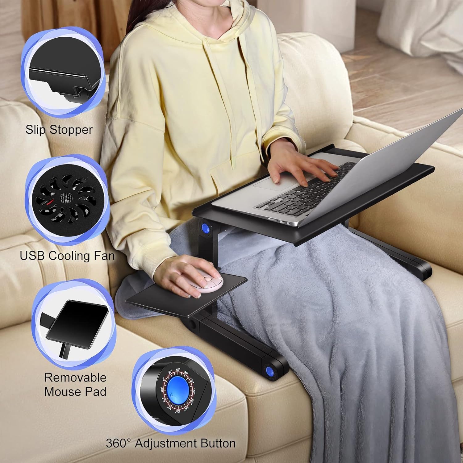 Height Adjustable Laptop Table, Portable Computer Laptop Desk Foldable Table Workstation Notebook Riser with 2 CPU Cooling USB Fans and Mouse Pad, Ergonomic Laptop Stand Holder for Bed Sofa Office