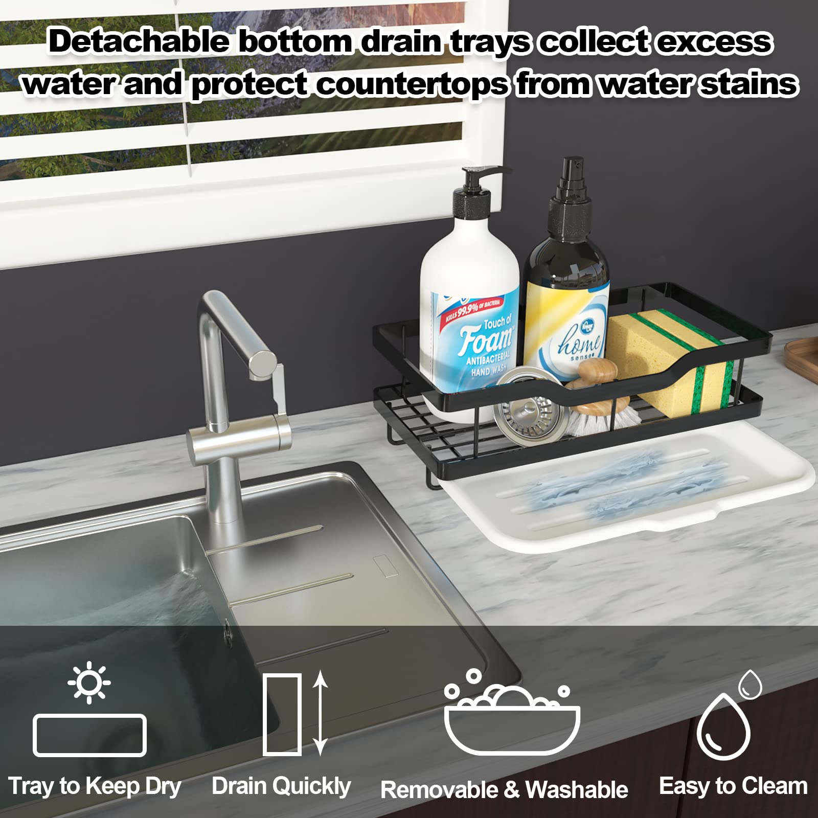 Maifan Sink Caddy Sponge Holder for Kitchen Sink, Large Kitchen Sponge Sink Caddy Organizer, 304 Stainless Steel Dish Soap Caddy Sink Tray Rack for Countertop Storage