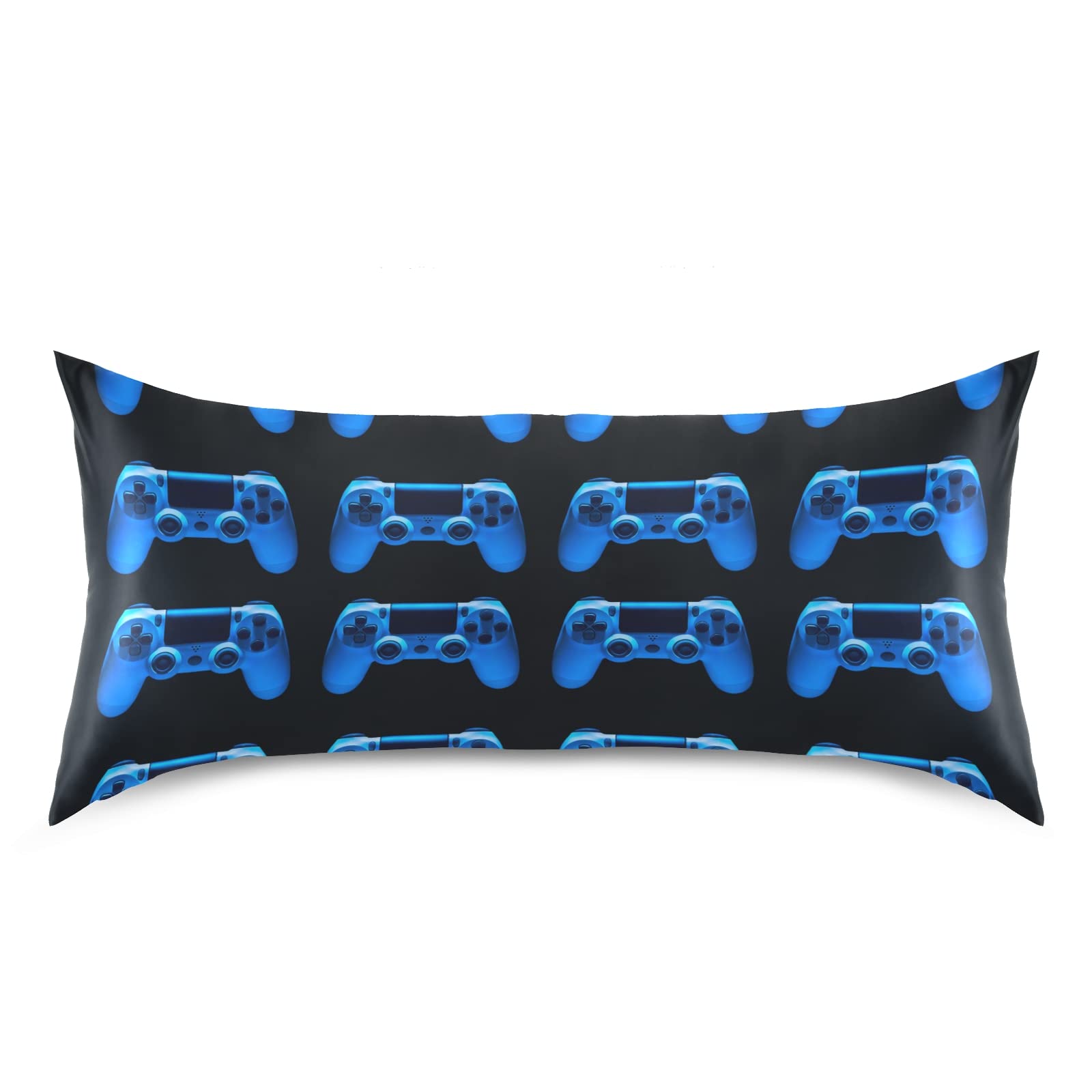 Oyihfvs Video Game Joystick Gamepad in Blue Neon Lights Isolated on Black Silky Satin Pillowcase for Hair and Skin, Soft Bed Pillow Cover, Decorative Silk Pillow Cases, King Size 20x40 inches