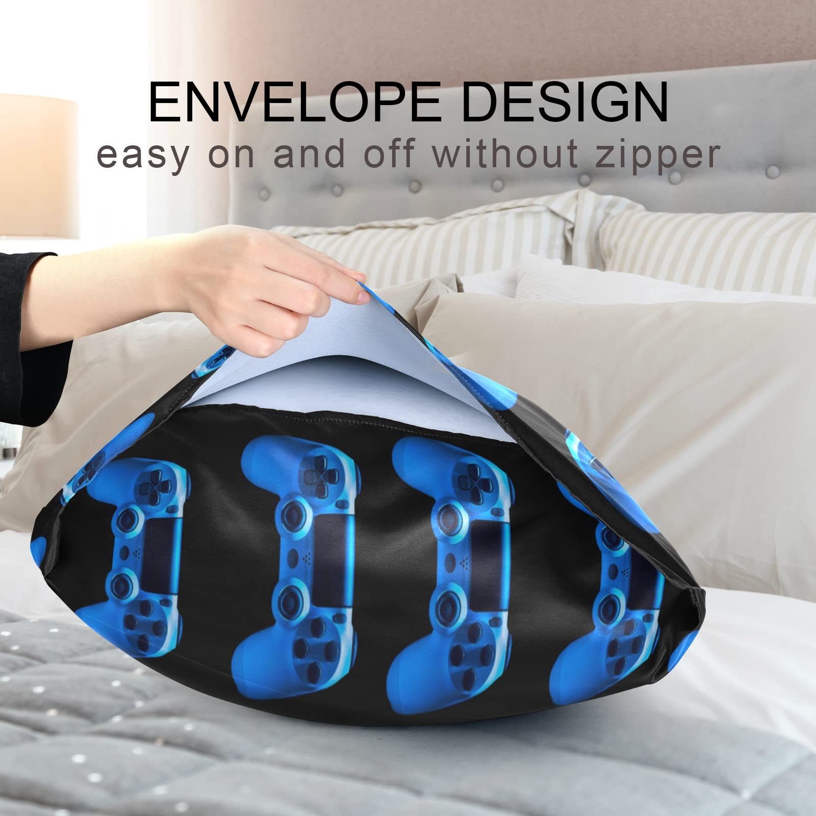 Oyihfvs Video Game Joystick Gamepad in Blue Neon Lights Isolated on Black Silky Satin Pillowcase for Hair and Skin, Soft Bed Pillow Cover, Decorative Silk Pillow Cases, King Size 20x40 inches