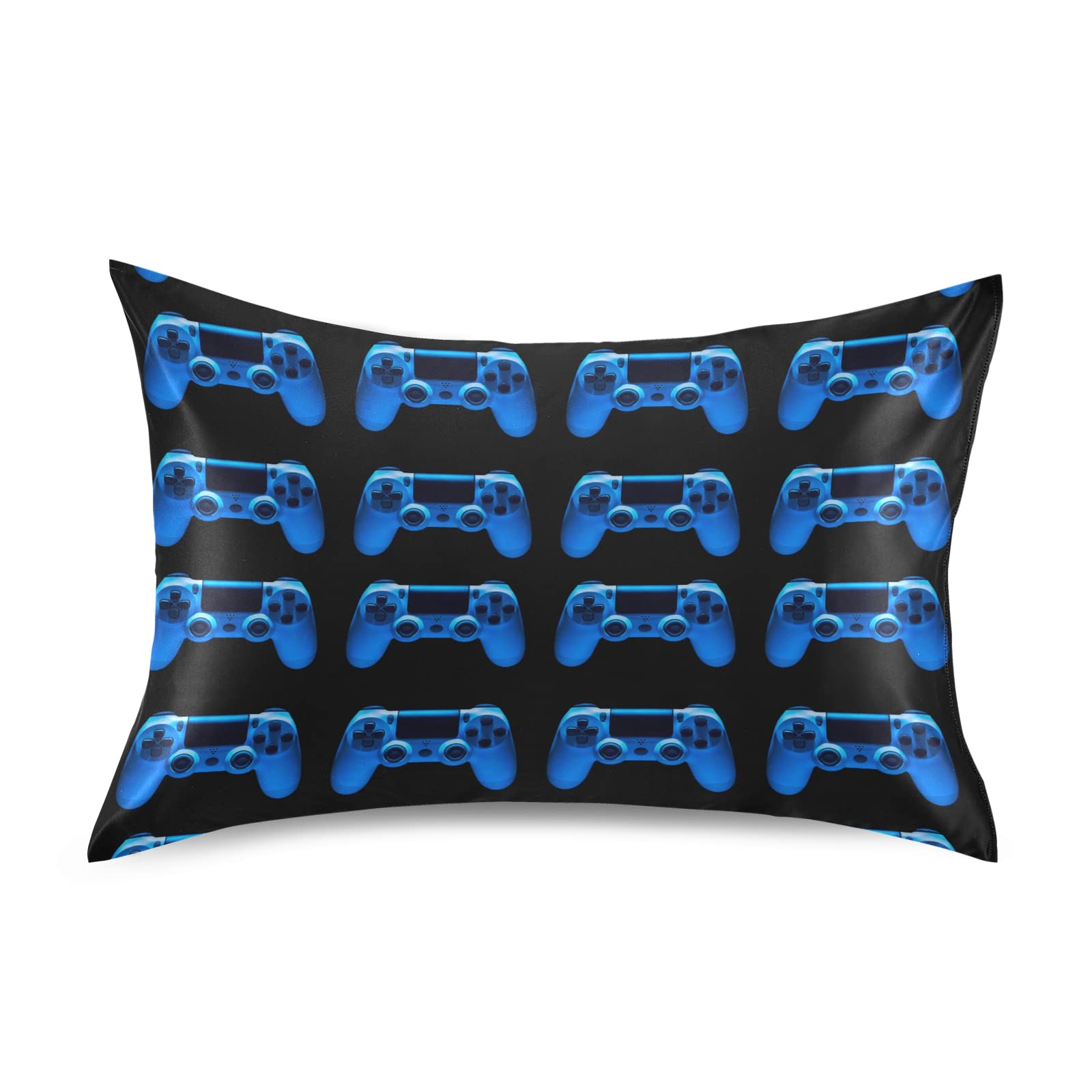 Oyihfvs Video Game Joystick Gamepad in Blue Neon Lights Isolated on Black Silky Satin Pillowcase for Hair and Skin, Soft Bed Pillow Cover, Decorative Silk Pillow Cases, King Size 20x40 inches