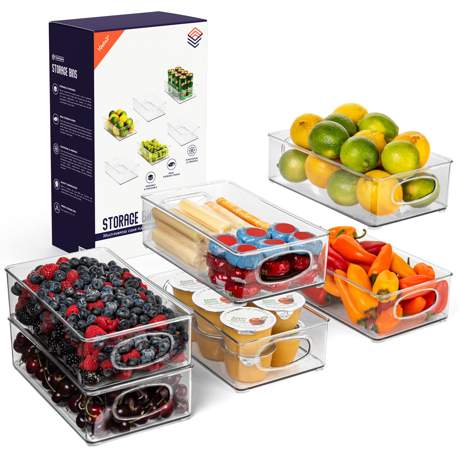 ClearSpace Plastic Pantry Organization and Storage Bins – Perfect Kitchen Organization or Kitchen Storage – Fridge Organizer, Refrigerator Organizer Bins, Cabinet Organizers - 6 Pack