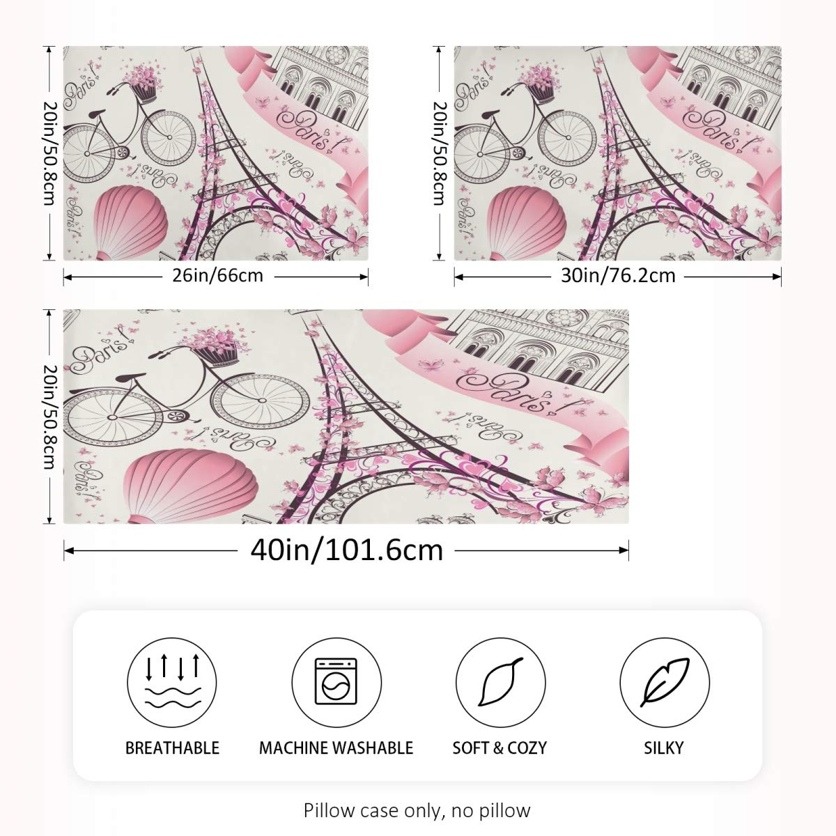 Nander Paris Eiffel Tower Flower Satin Pillowcase for Hair and Skin Cool Soft Silk Pillow Cases No Zipper, 1 PCS Pillow Cover with Envelope Closure - 20x26 inch