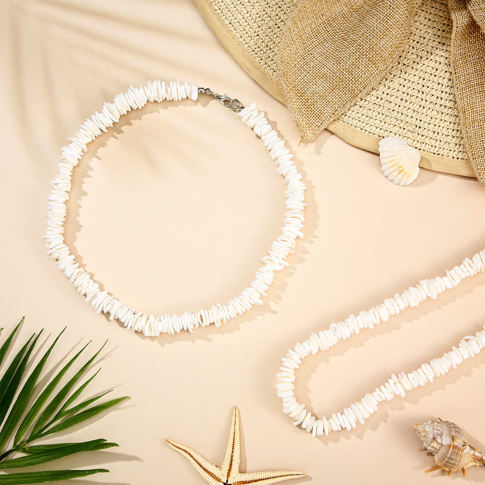 Tondiamo 3 Packs White Puka Shell Necklace Adjustable Seashell Necklace Summer Beach Surfer Sea Shell Beach Choker Jewelry(16 Inch)