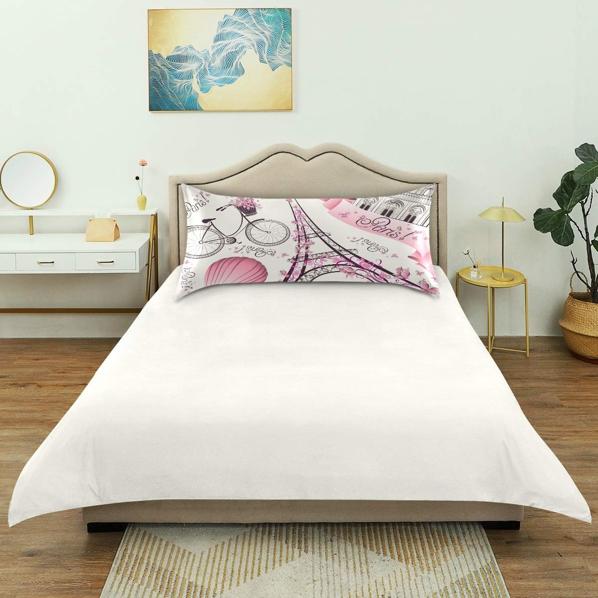 Nander Paris Eiffel Tower Flower Satin Pillowcase for Hair and Skin Cool Soft Silk Pillow Cases No Zipper, 1 PCS Pillow Cover with Envelope Closure - 20x26 inch