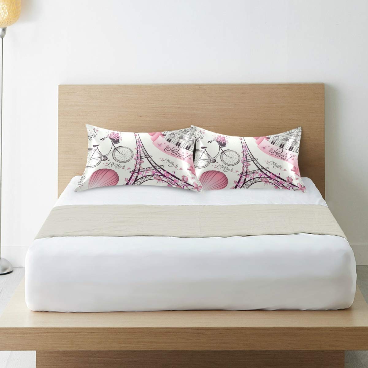 Nander Paris Eiffel Tower Flower Satin Pillowcase for Hair and Skin Cool Soft Silk Pillow Cases No Zipper, 1 PCS Pillow Cover with Envelope Closure - 20x26 inch