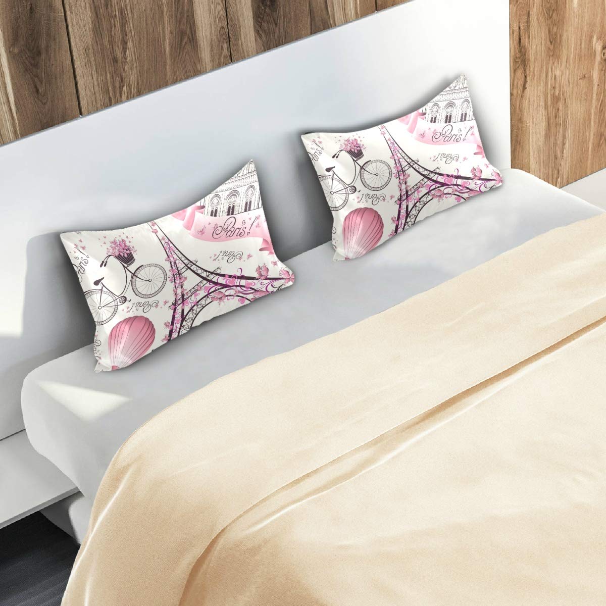 Nander Paris Eiffel Tower Flower Satin Pillowcase for Hair and Skin Cool Soft Silk Pillow Cases No Zipper, 1 PCS Pillow Cover with Envelope Closure - 20x26 inch