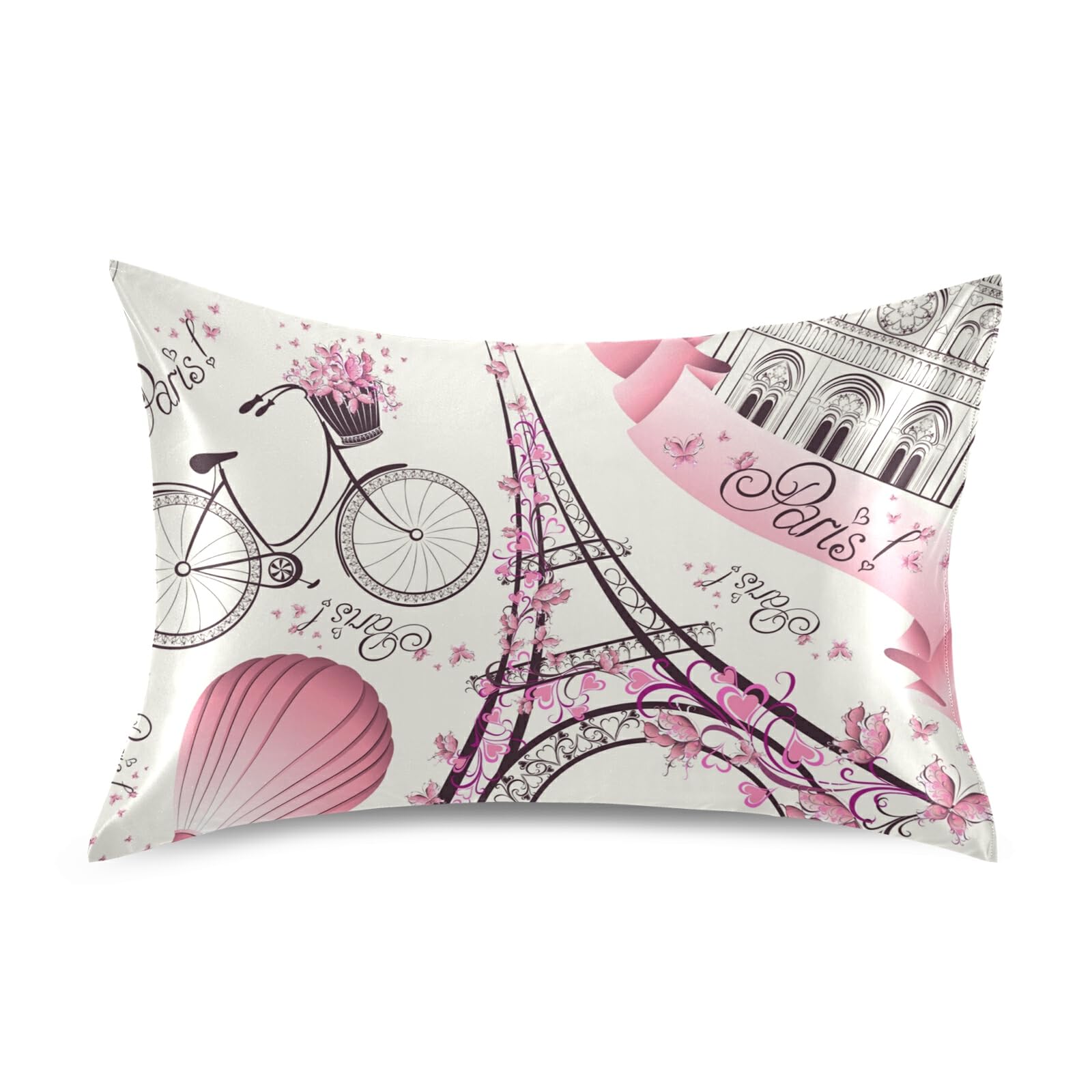 Nander Paris Eiffel Tower Flower Satin Pillowcase for Hair and Skin Cool Soft Silk Pillow Cases No Zipper, 1 PCS Pillow Cover with Envelope Closure - 20x26 inch