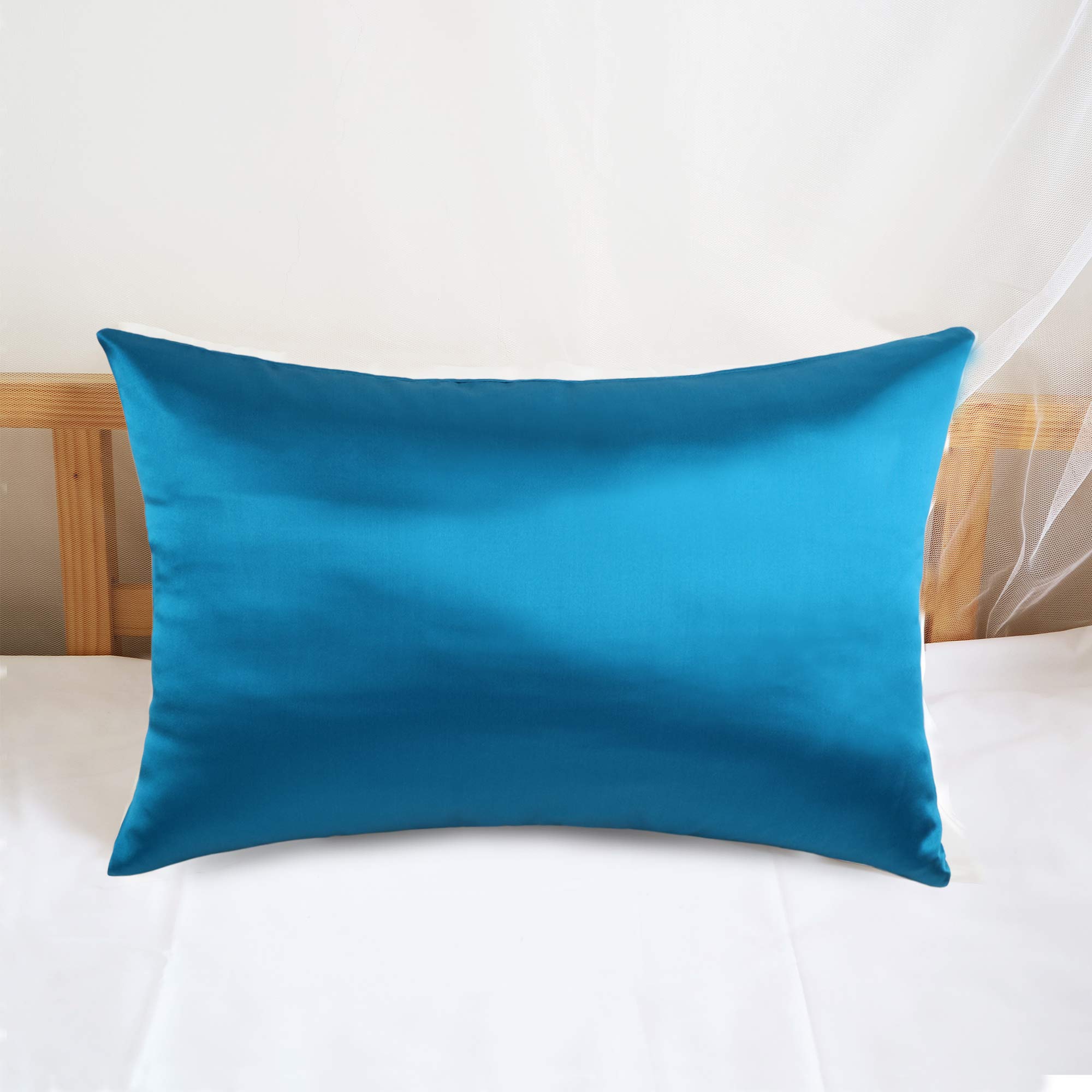 Hodeco Nature Silk Pillowcase 14x20 Double Sides 100% Mulberry Silk 19 Momme Thick Silk Pillow Cover for Bed Pillow Sham Cover Toddler Size 36x51cm Silk Pillowcase, Peacock Blue 1 Piece