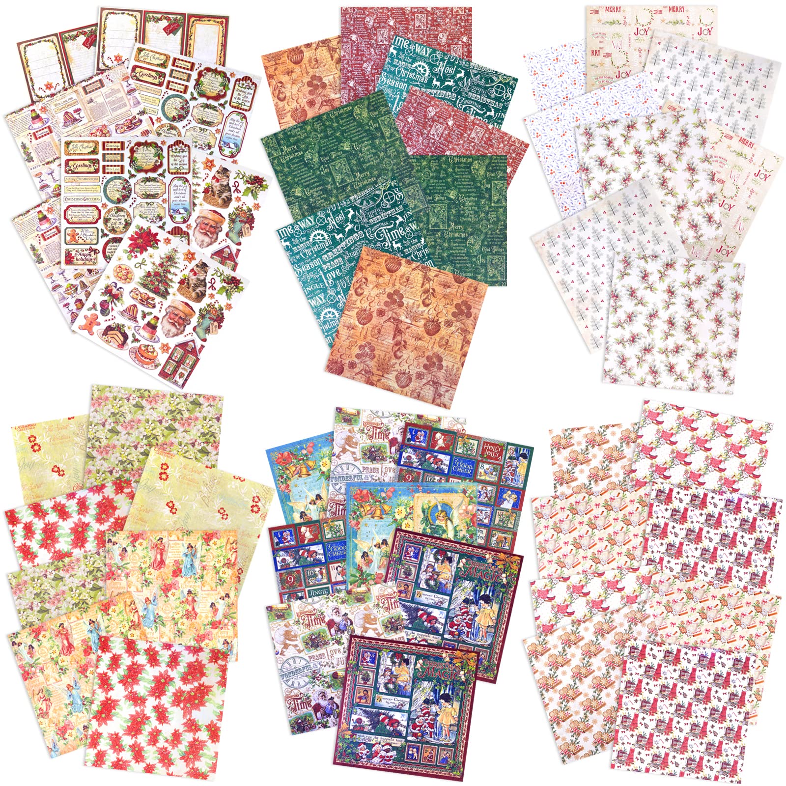 HHLCWA 48 Pcs Christmas Aesthetic Scrapbook Kit, 6 Styles Christmas DIY Vintage Journaling Scrapbooking Stickers for Adults Teens Girls Art Album Crafts Decorations Supplies