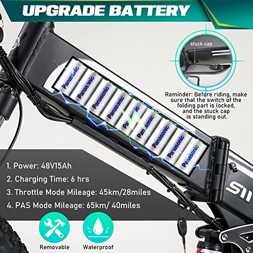 TT-EBIKE Folding Electric Bikes Adults 48V 1000W with 15Ah Removable Battery, Full Suspension 26 x 4 Fat Tire E Bikes with Shimano 7-Speed Gear for Snow Beach Mountain (1000W)