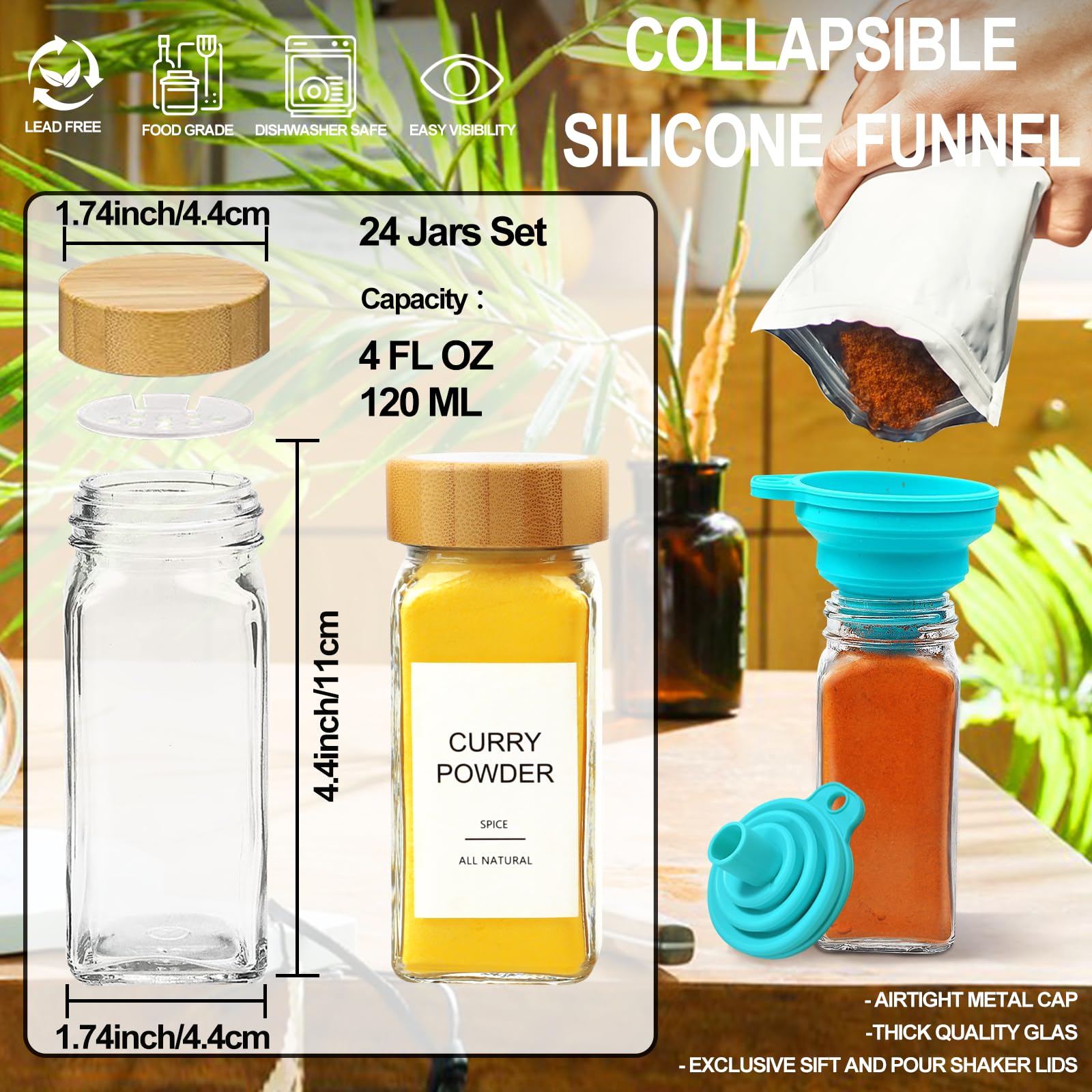 AISIPRIN 24 Pcs Glass Spice Jars with Bamboo Airtight Lids and 398 Labels, 4oz Empty Square Containers Seasoning Storage Bottles - Shaker Lids, Funnel, Brush and Marker Included