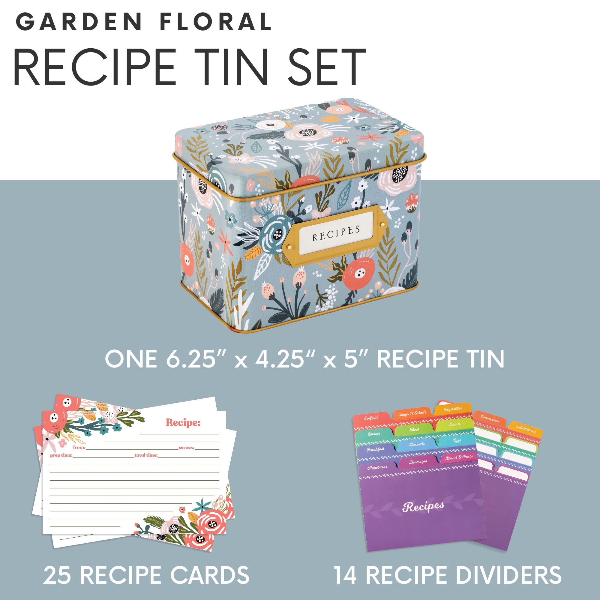 Jot & Mark Recipe Card Gift Box, 25 4x6 inch Cards, 14 Dividers, Decorative Tin Box
