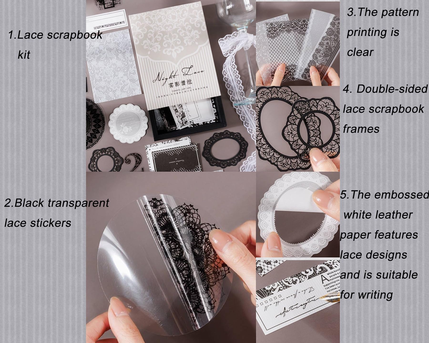 MOLNESO Black Lace Stickers 100PCS, Scrapbook Supplies Lace Paper Frames Die Cuts, Gothic Decorations for Journal Photo Album Scrapbooking Craft Set