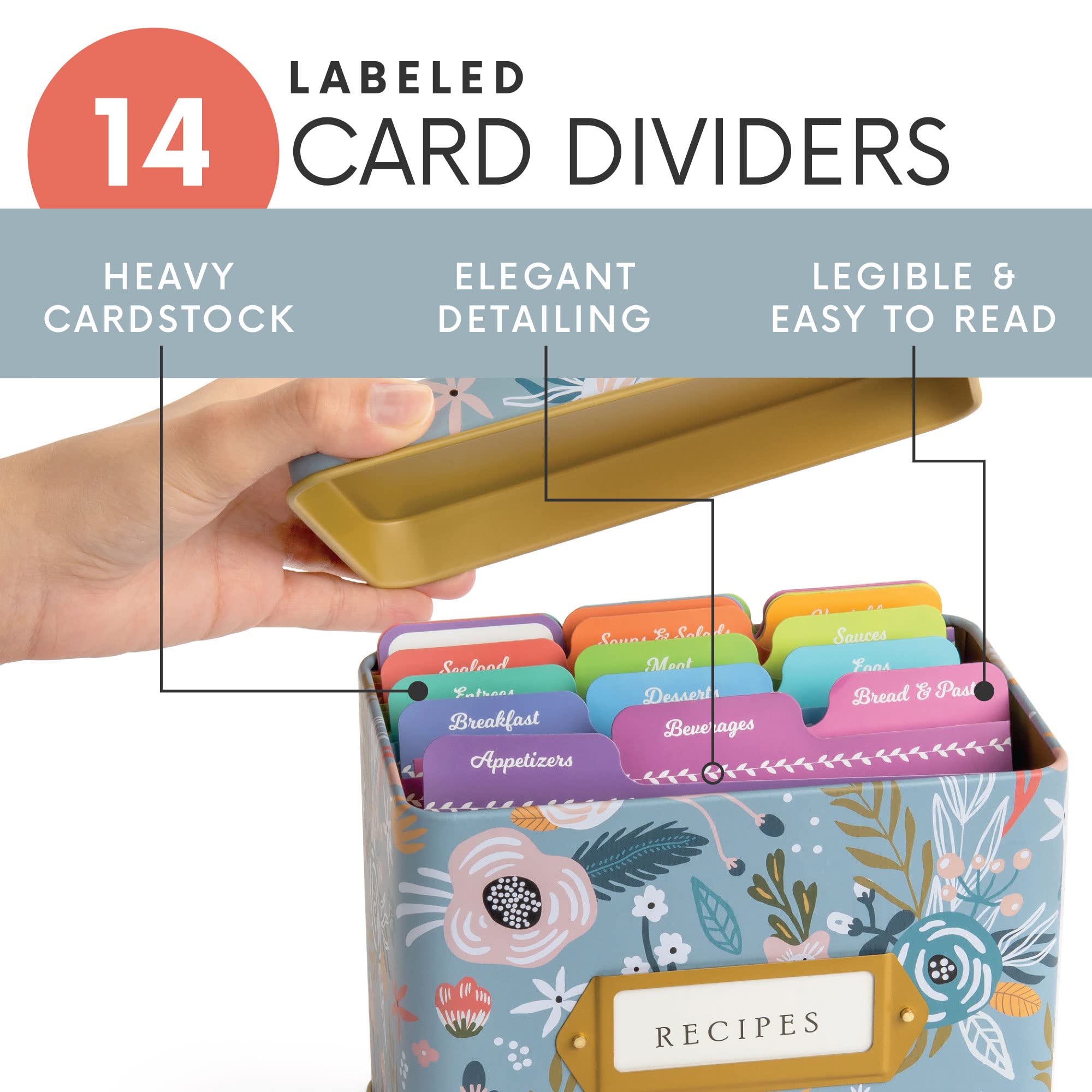 Jot & Mark Recipe Card Gift Box, 25 4x6 inch Cards, 14 Dividers, Decorative Tin Box