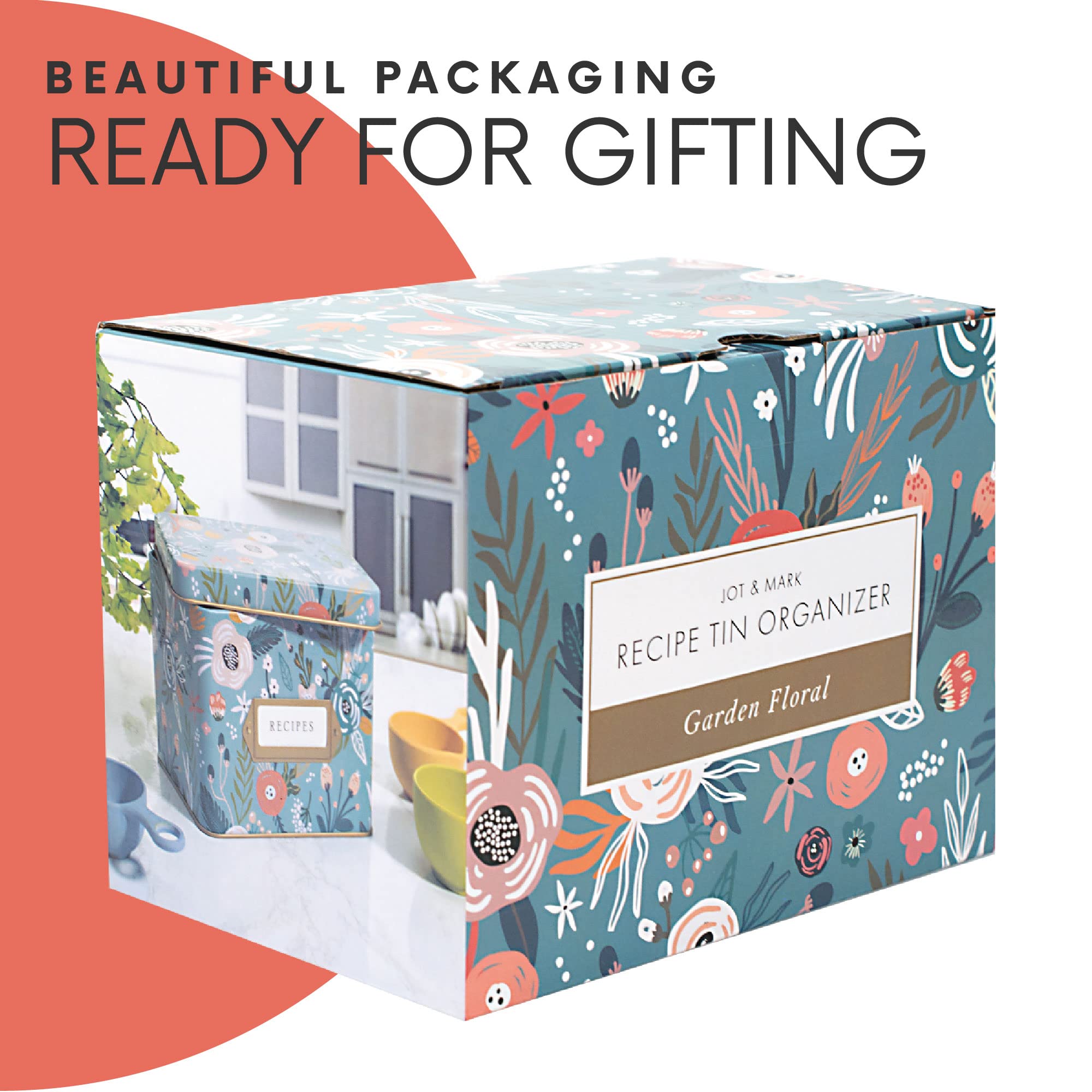 Jot & Mark Recipe Card Gift Box, 25 4x6 inch Cards, 14 Dividers, Decorative Tin Box