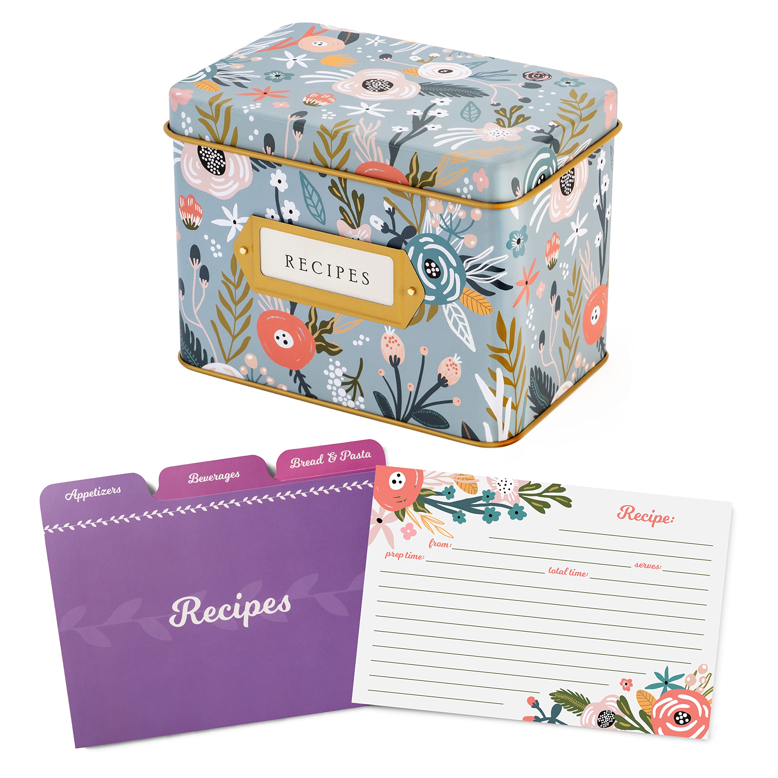Jot & Mark Recipe Card Gift Box, 25 4x6 inch Cards, 14 Dividers, Decorative Tin Box
