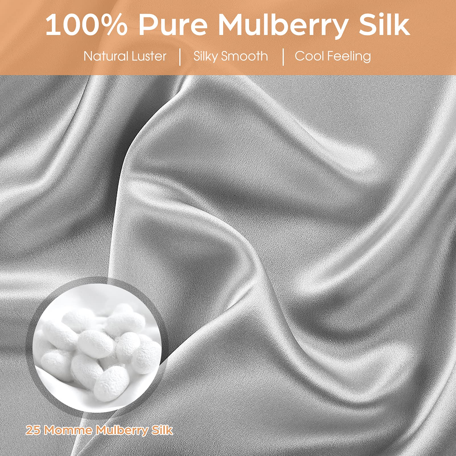 Veaken Silk Pillowcase for Hair and Skin, 2 Pack 100% Mulberry Silk Pillowcase 25 Momme, 600 Thread Count, Both Side Pure Silk Pillow Cover with Hidden Zipper (Gray, Queen 20''×30'')