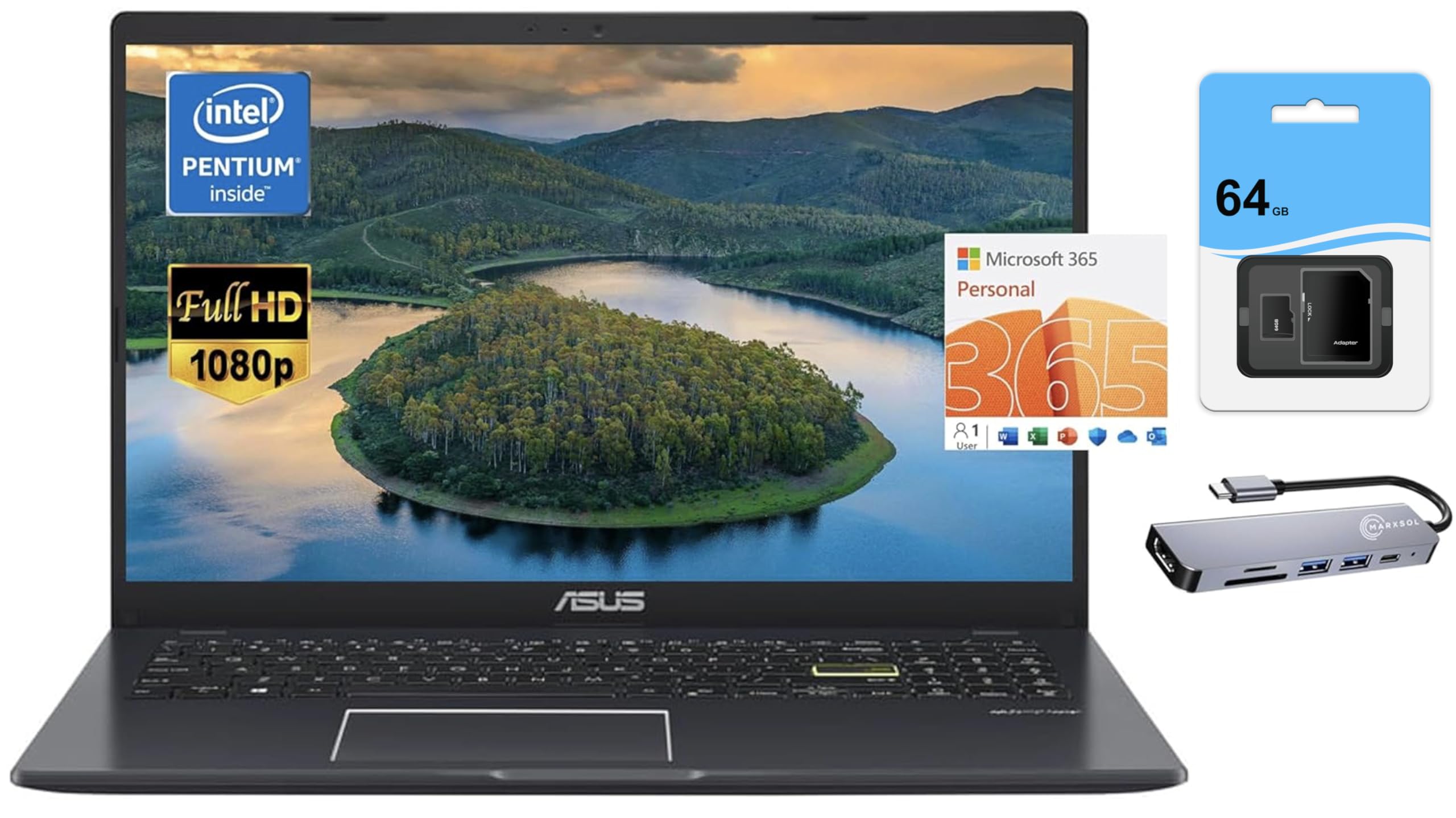 asus Laptop 2023 Newest Thin Light Laptop Computer, 15.6'' FHD Display, Intel Pentium N5030, 4GB RAM, 192GB Storage (128GB eMMC+64GB SD),Webcam,WiFi, Backlit KB, Office 365, Win11 S+MarxsolAccessory