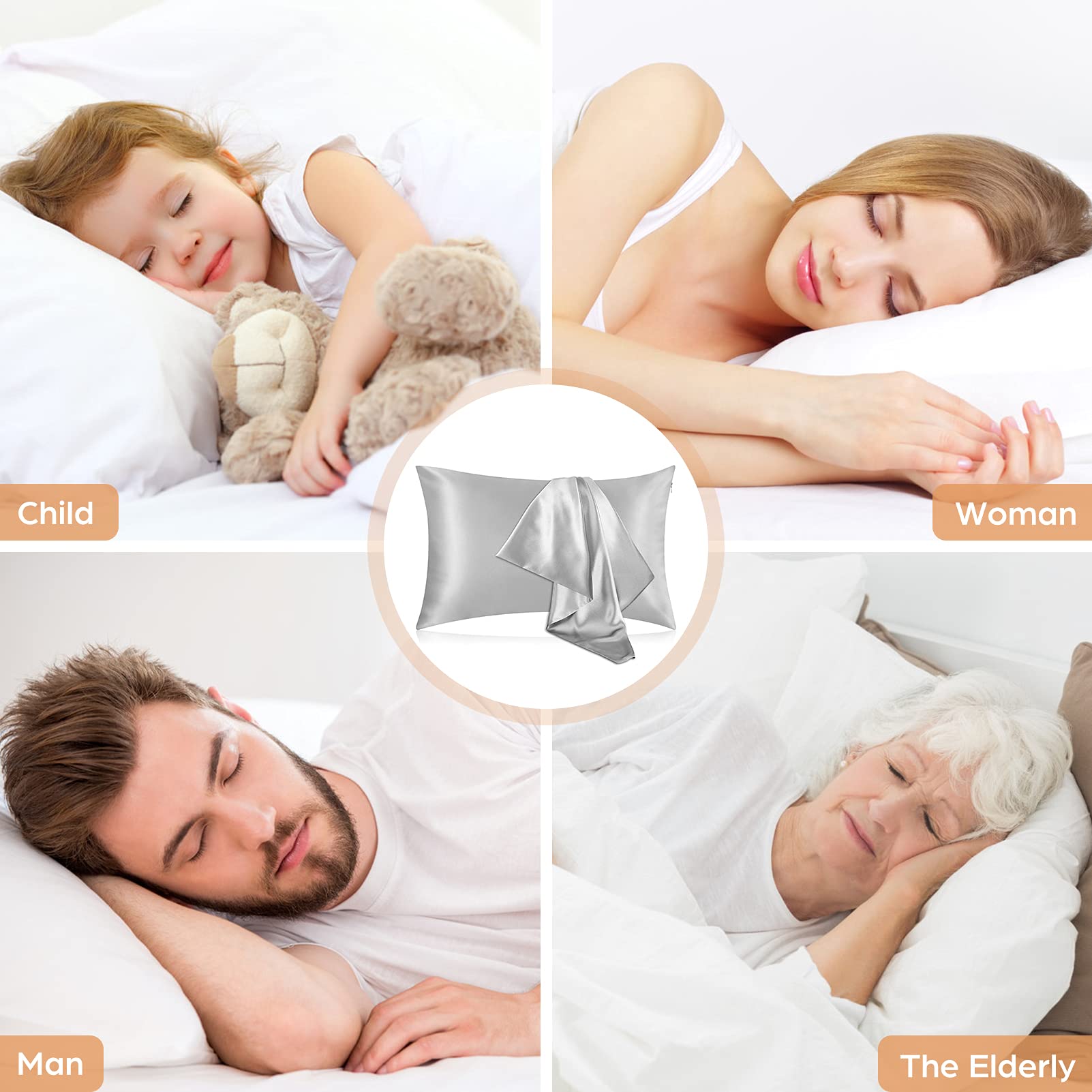 Veaken Silk Pillowcase for Hair and Skin, 2 Pack 100% Mulberry Silk Pillowcase 25 Momme, 600 Thread Count, Both Side Pure Silk Pillow Cover with Hidden Zipper (Gray, Queen 20''×30'')