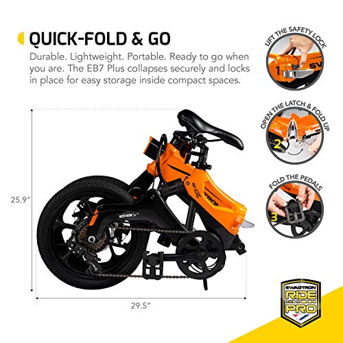 Swagtron Swagcycle EB-7 Elite Plus Folding Electric Bike with Removable Battery, Orange/Black, 16" Wheels, 7-Speed