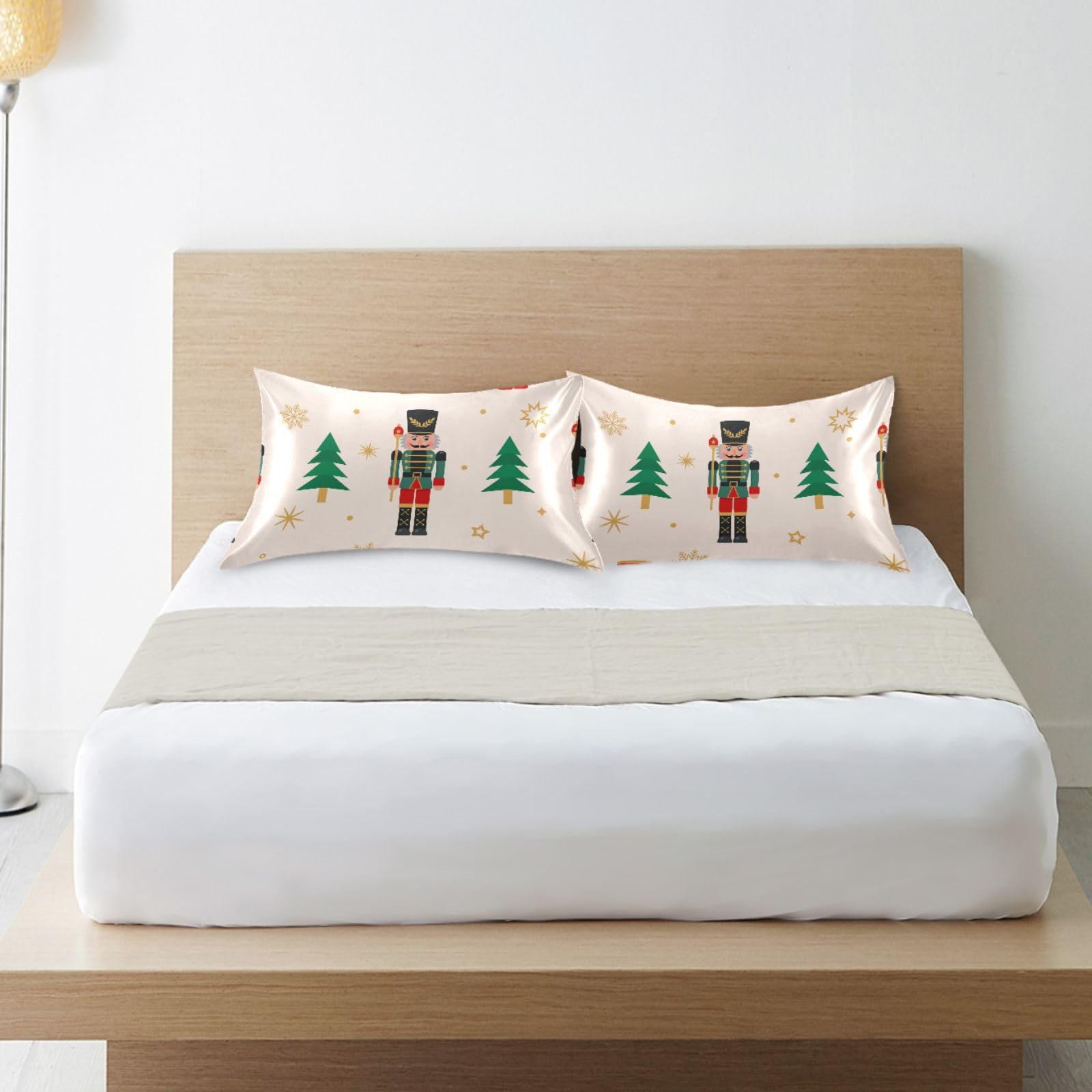 Christmas Tree Nutcracker Pillow Covers Silk Pillowcase for Soft Breathable Smooth Cooling Satin Pillowcase Standard Size Pillow Case for Women Hot Sleepers, Night Sweats Bed (20x26 Inch)