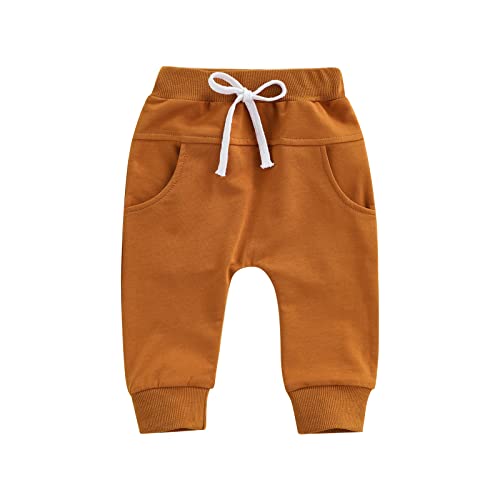 WALLARENEAR Baby Boys Girls Pants Plain Baby Joggers Elastic Waist Casual Trousers Toddler Sweatpants with Pockets (Brown, 0-6 Months)