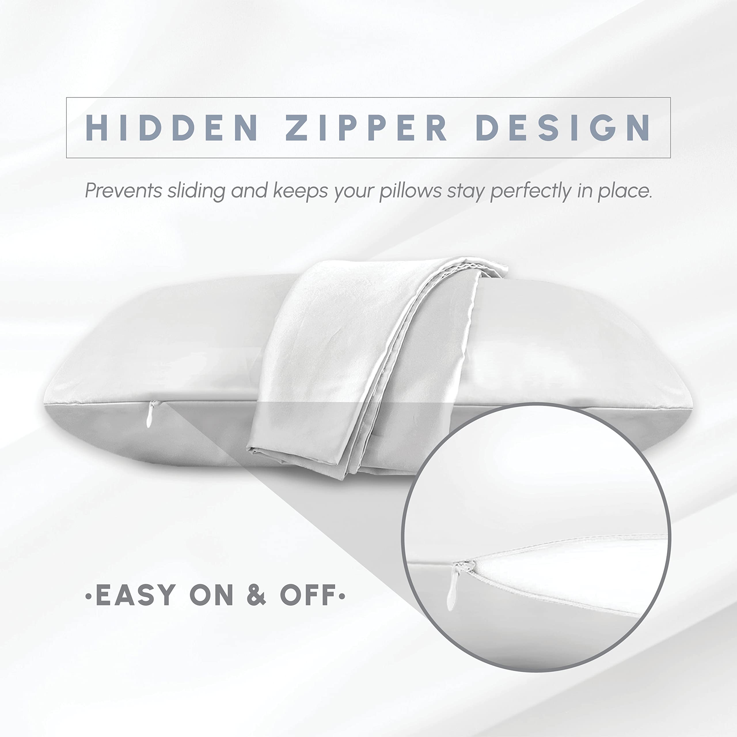 Elegant Comfort 4-Pack King Size Satin Pillowcase Set with Hidden Zipper Closure, White, 20" x 40"