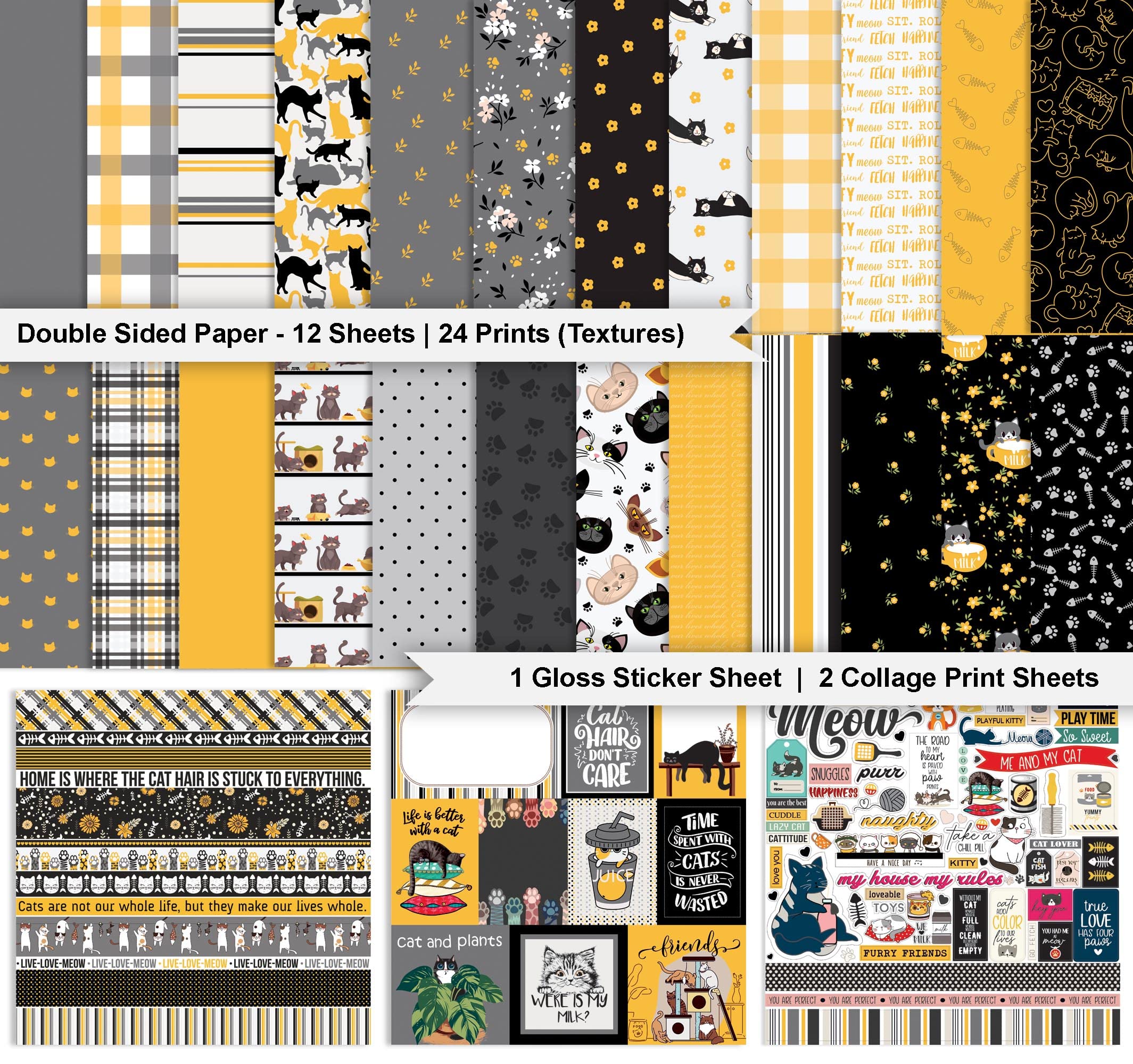Inkdotpot Black & Yellow Cat Theme Collection Double,Sided Scrapbook Paper Kit Cardstock 12"x12" Card Making Paper Pack of with Sticker Sheet - 16 Pages - Black & Yellow