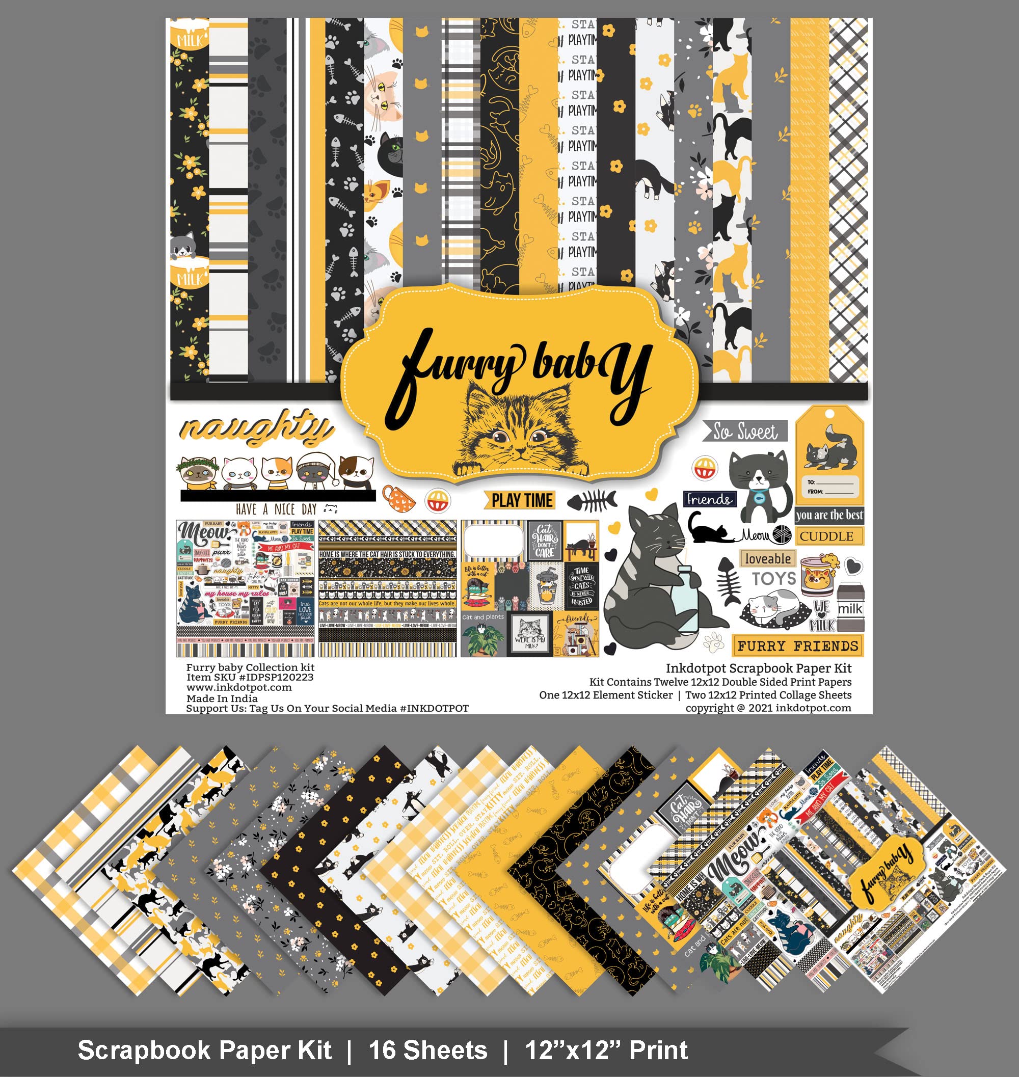 Inkdotpot Black & Yellow Cat Theme Collection Double,Sided Scrapbook Paper Kit Cardstock 12"x12" Card Making Paper Pack of with Sticker Sheet - 16 Pages - Black & Yellow