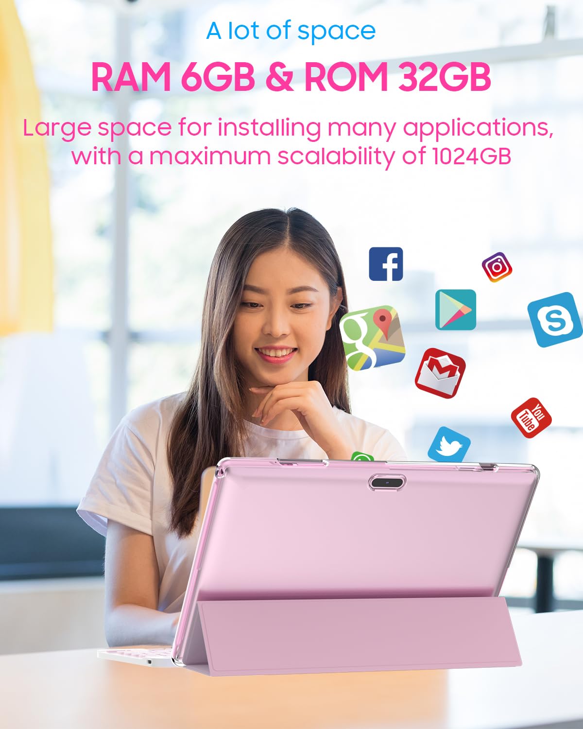 Tablet 2 in 1 Tablet with Keyboard Case Mouse Stylus Pen, 10 inch Tablet Android 14 Tablets PC, 10.1" HD Tab 6000mah Battery 6GB+32GB+1024GB Expandable 2MP+8MP Dual Camera Tableta Computer Pink Tab.