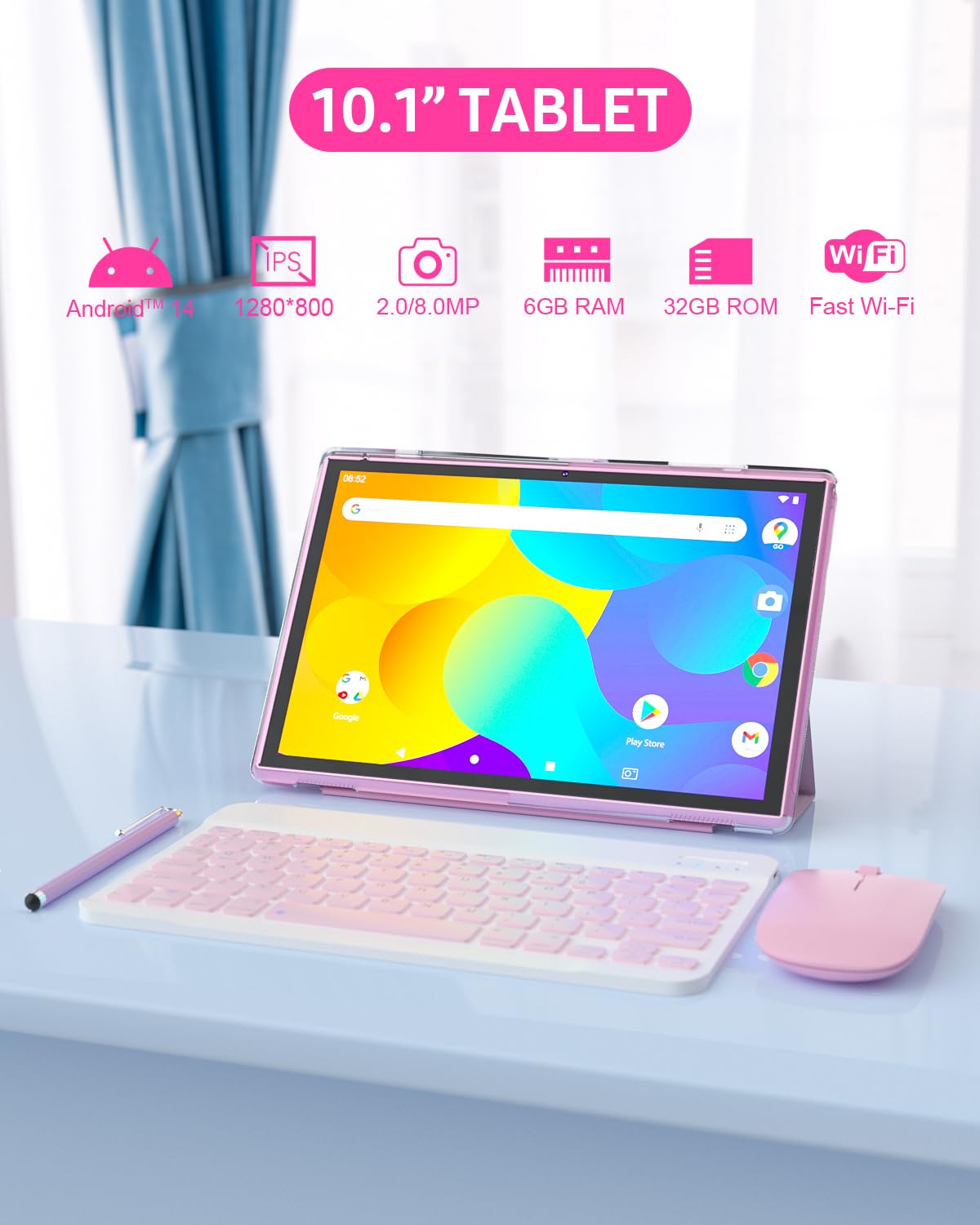 Tablet 2 in 1 Tablet with Keyboard Case Mouse Stylus Pen, 10 inch Tablet Android 14 Tablets PC, 10.1" HD Tab 6000mah Battery 6GB+32GB+1024GB Expandable 2MP+8MP Dual Camera Tableta Computer Pink Tab.