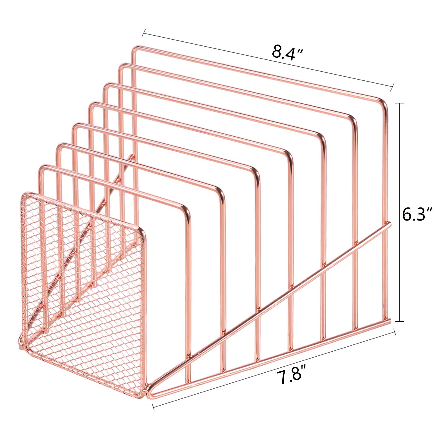 Simmer Stone Incline File Sorter, 7 Slot Magazine Holder for Letter, Document, Folder and Book, Metal Desktop Organizer Rack for Home, School and Office, Rose Gold