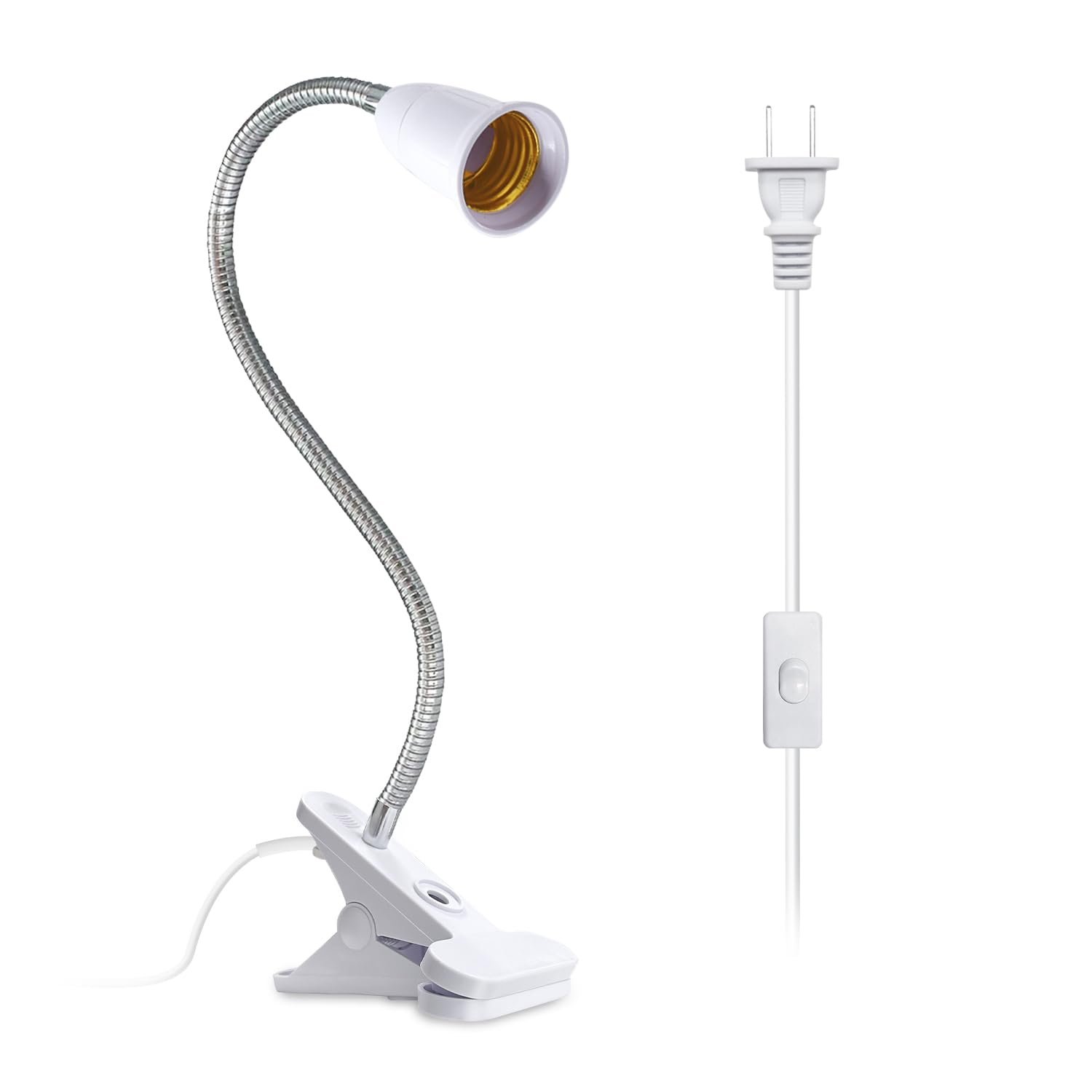 Clamp Light Socket,Clip Desk Lamp Socket,Clip Bulb Desk Lamp,Desk Light Adapter with Flexible Gooseneck,Clip on Light Socket with on/Off Switch,E26/E27 Clamp Light Bulb Stand (1PC)