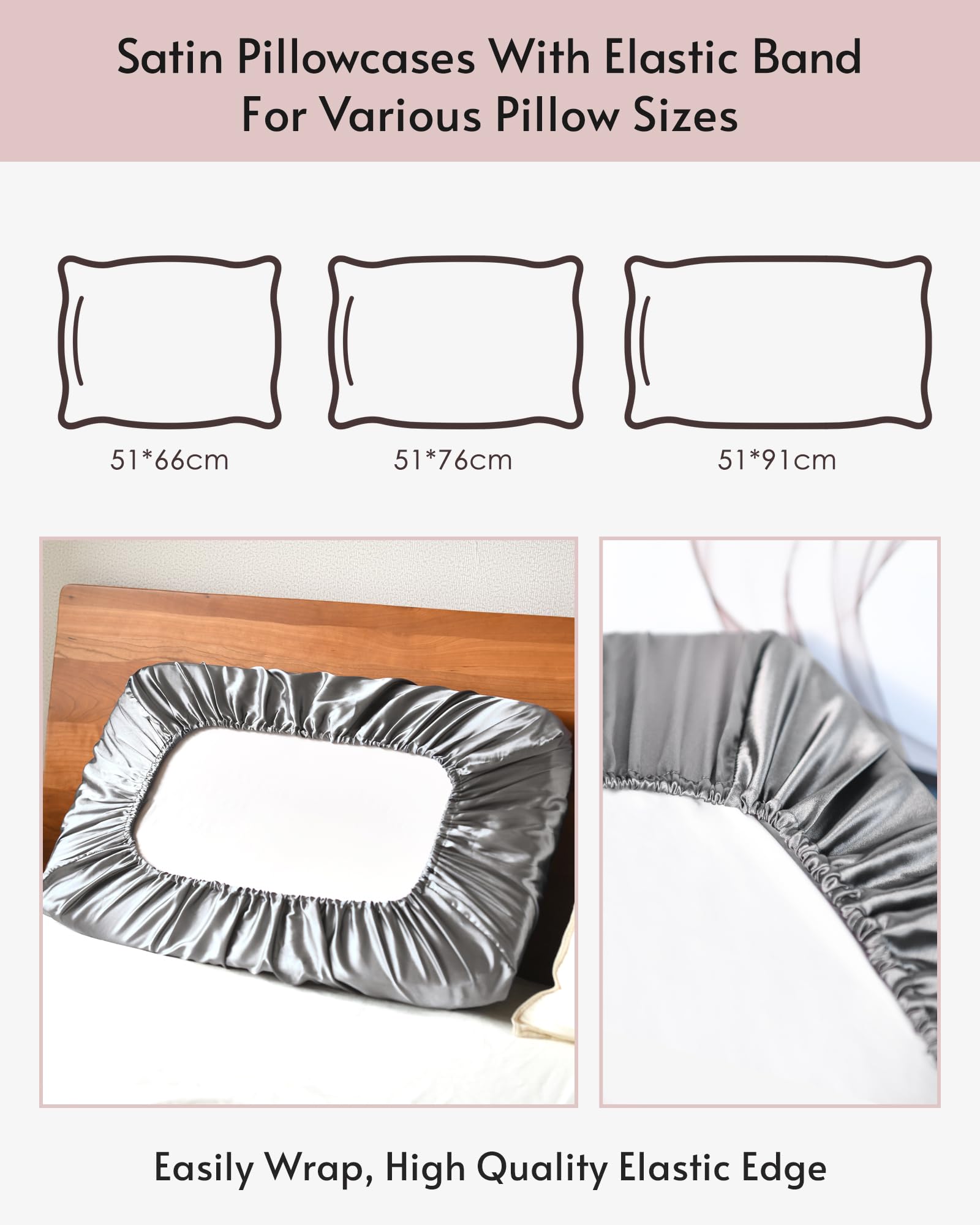 Yanideer Satin Pillowcase for Hair & Skin Travel Elastic Band Cooling Satin Pillowcases - Satin Pillow Case Cover Pillow Cases Standard Size Queen, Dark Grey